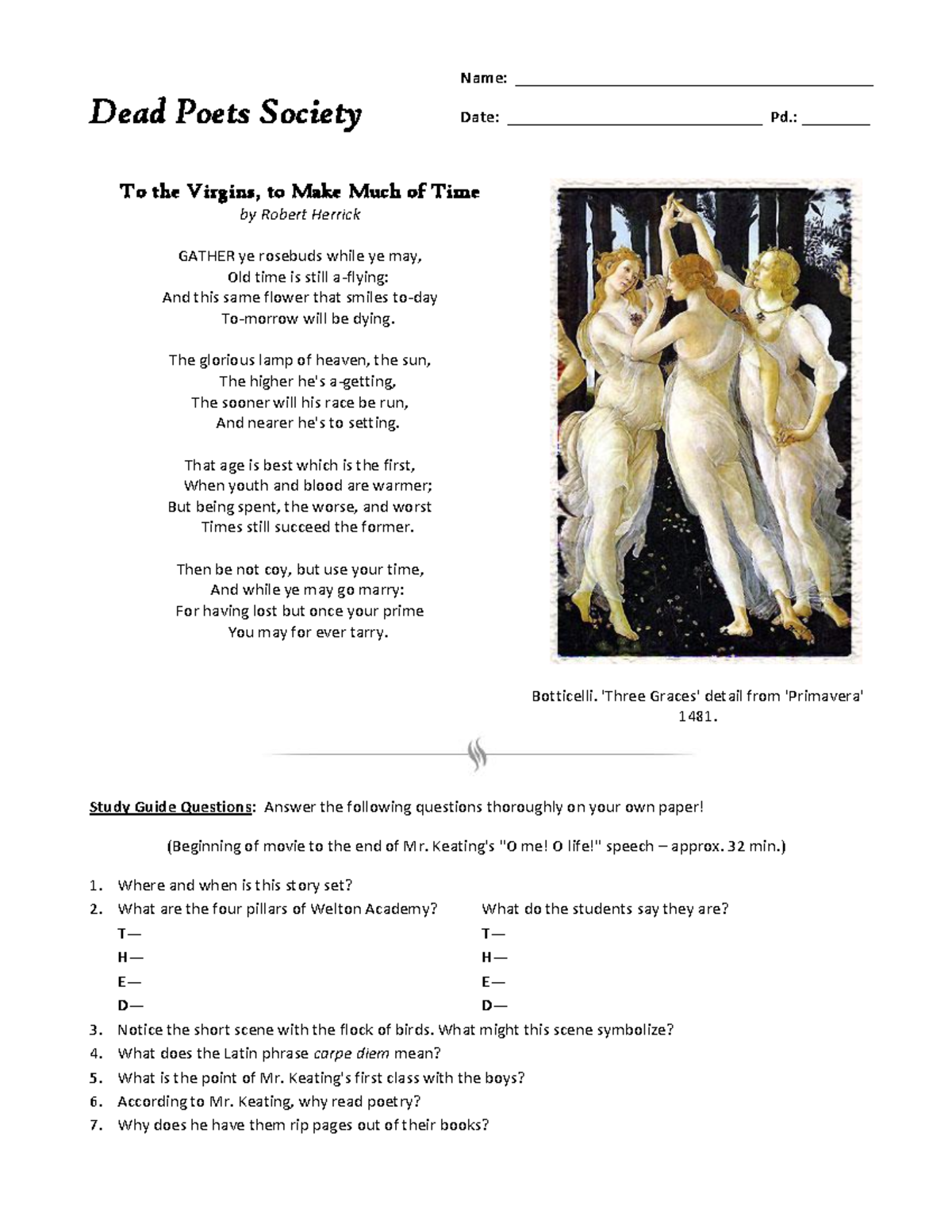 DPS Study Guide: Analyzing "Dead Poets Society" and Key Themes - Studocu