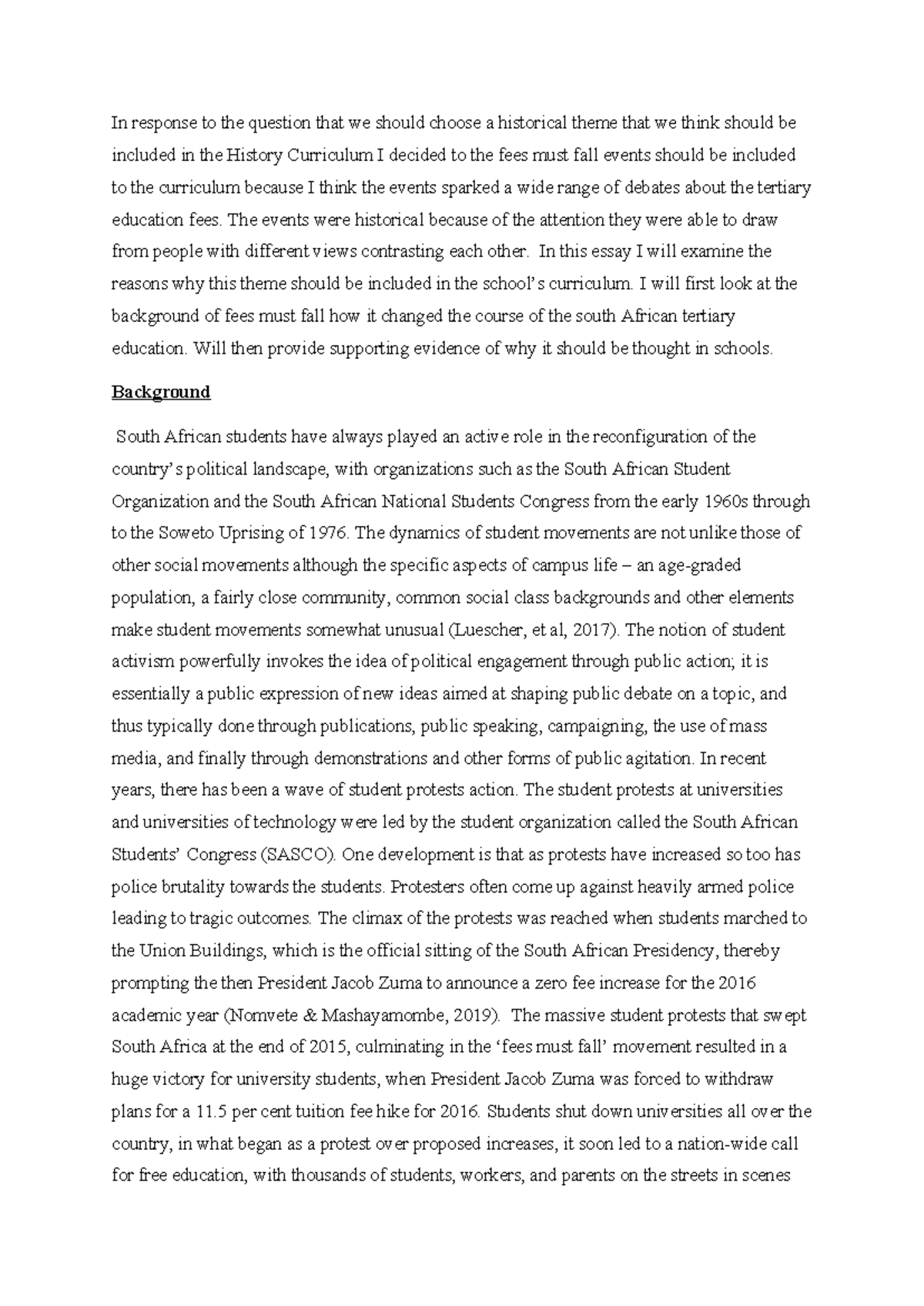 History EDHT 601 - Essay on Including Fees Must Fall in Curriculum ...