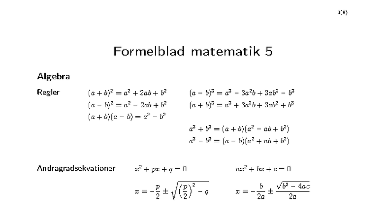 Matte 5 Formelblad: Algebra, Trigonometri och Differentialekvationer ...
