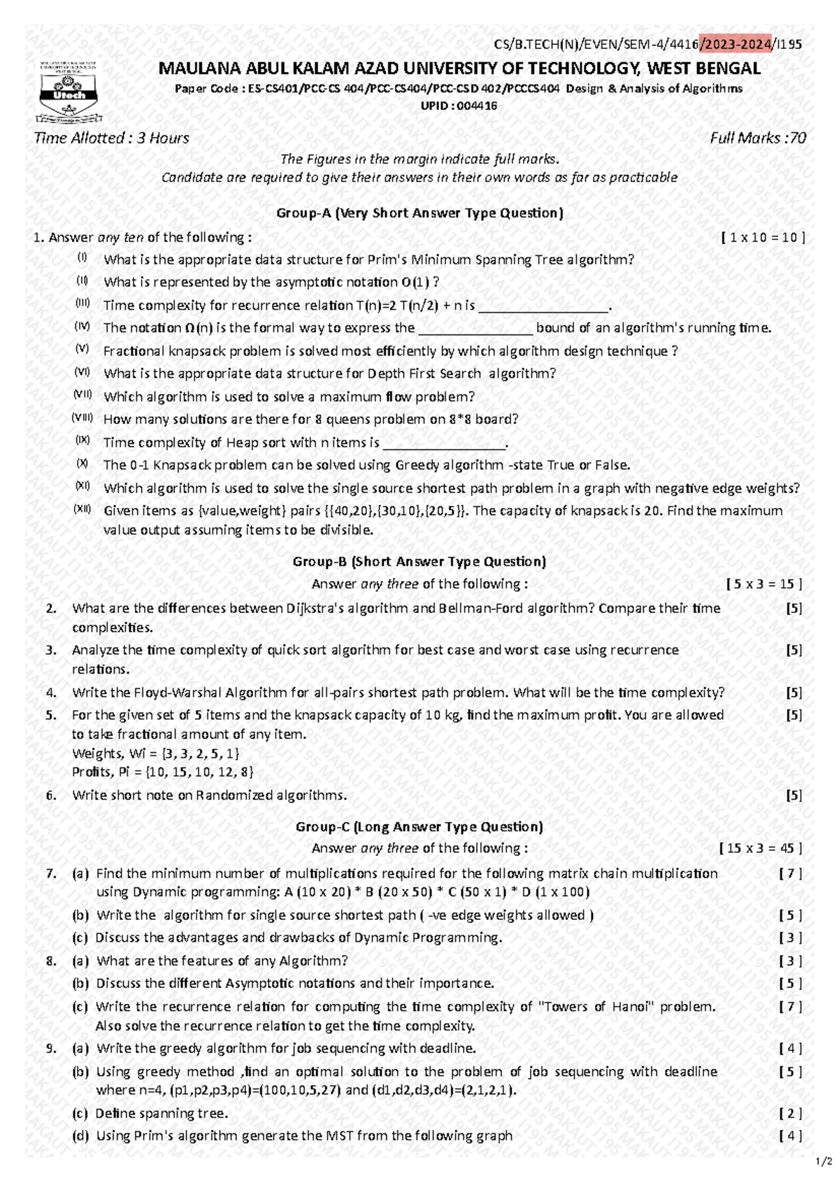 DAA PYQ 2023-24: Previous Year Questions on Design & Analysis of Algorithms - Studocu