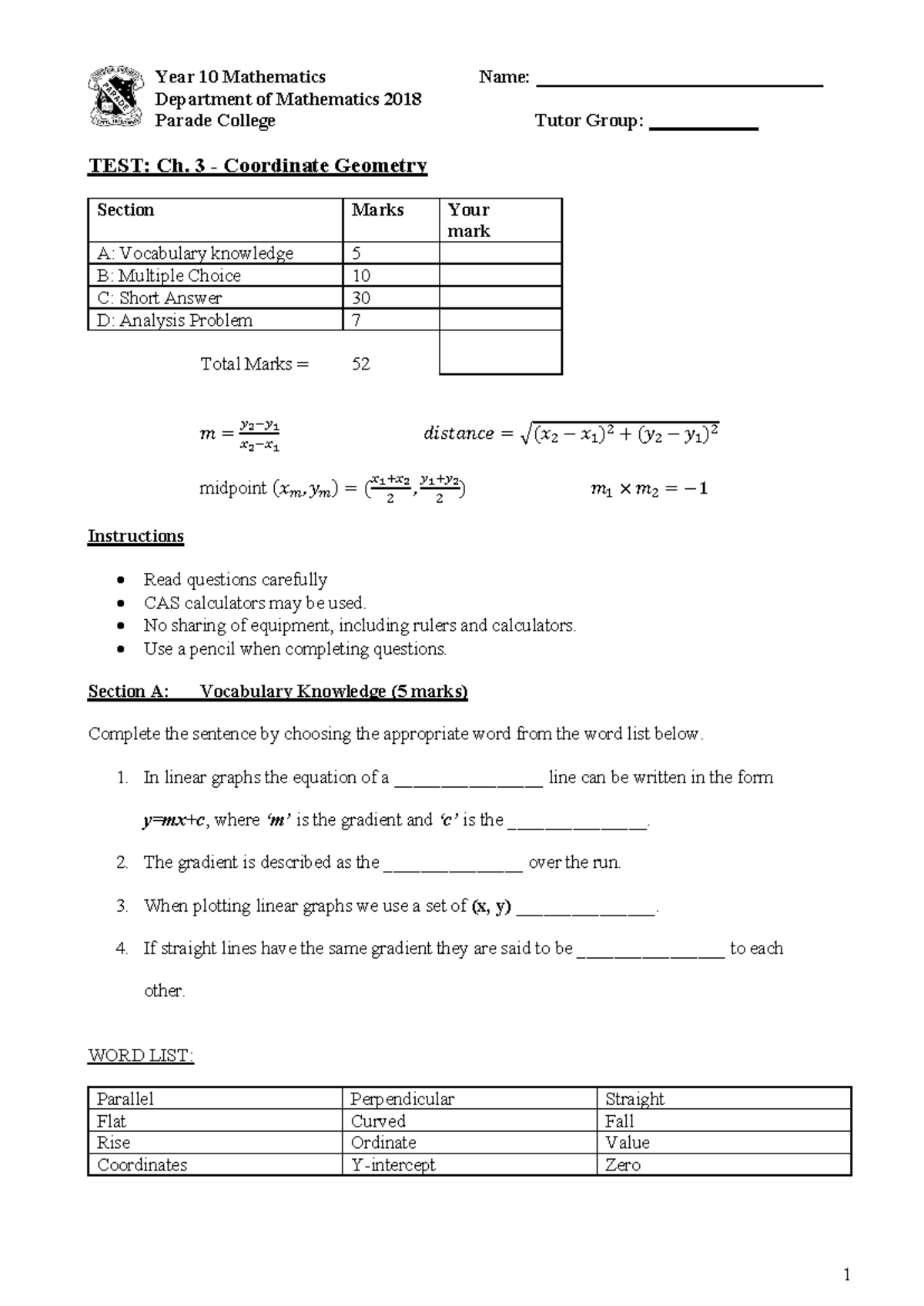 Year 10 MM Test: Ch. 3 Coordinate Geometry 2018 - Studocu