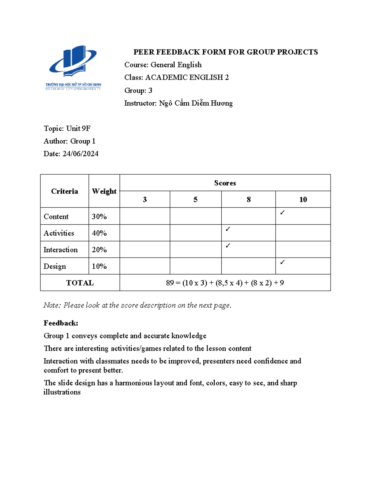 Feedback Group 1-Group 3 - PEER FEEDBACK FORM FOR GROUP PROJECTS Course ...