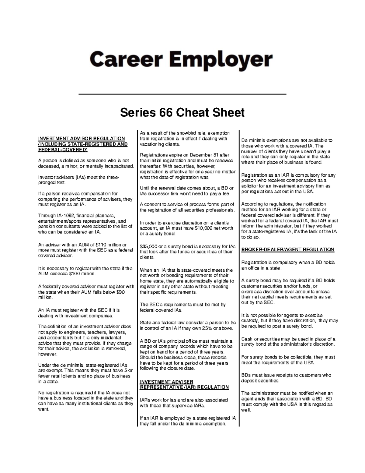 Series 66 Cheat Sheet: Investment Advisor and Broker-Dealer Regs ...