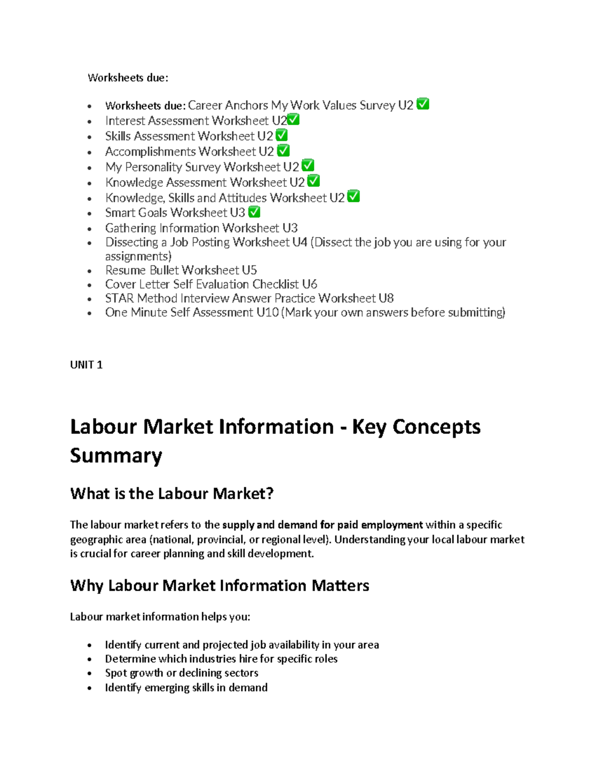 UNIV - Career Planning & Labour Market Insights: Units 1-3 Worksheets ...
