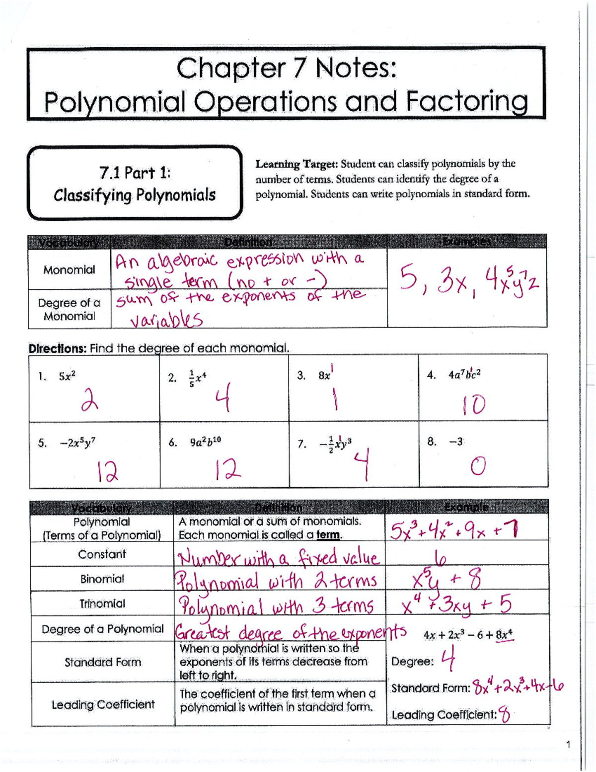 Alg 7.1 Chapter Notes: Polynomial Operations & Factoring Part 1 - Studocu