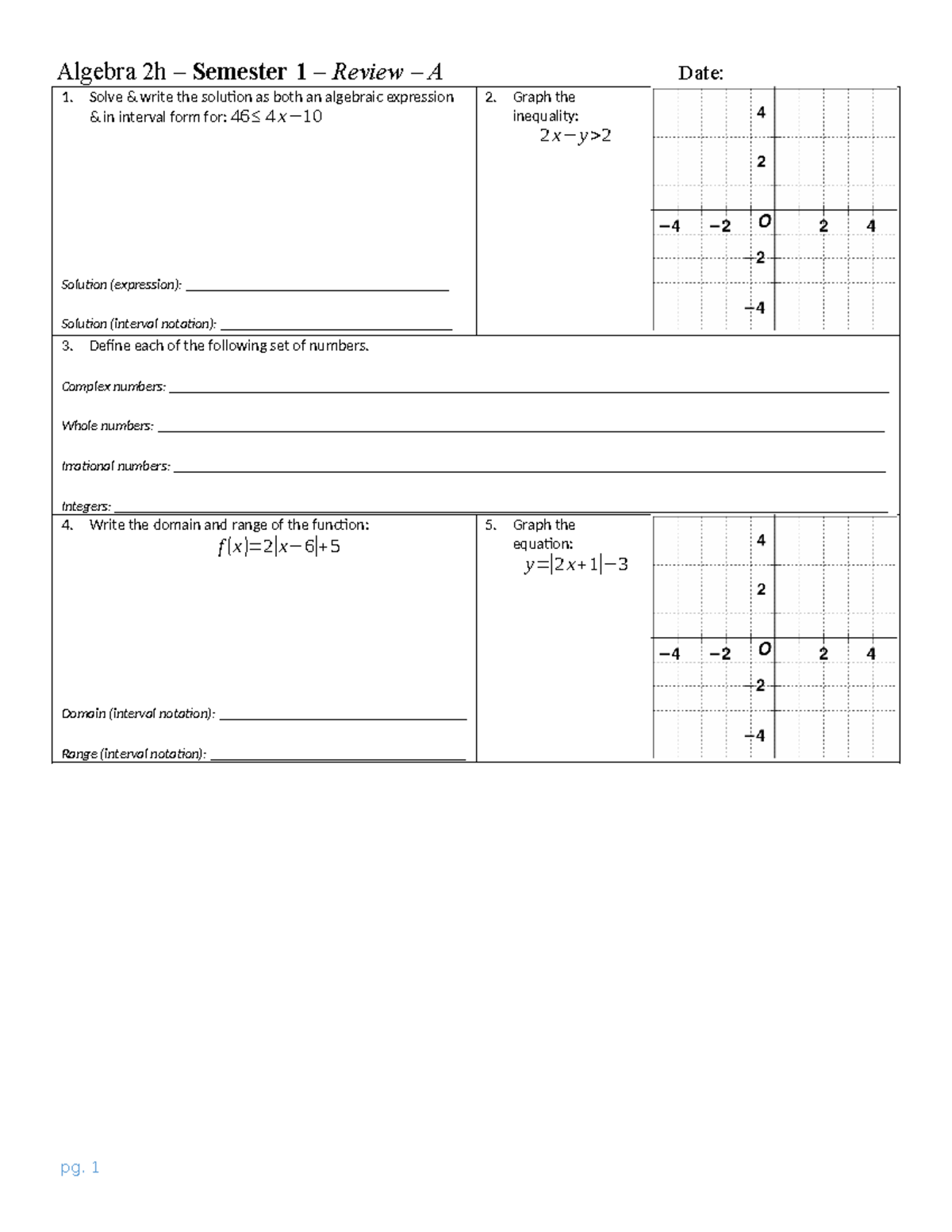 Final - Semester 1 - Review - A - Algebra 2h – Semester 1 – Review – A ...