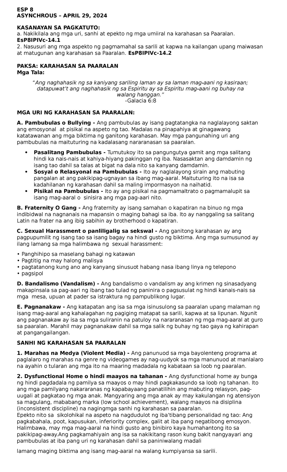 LAS Q4 ESP 8 WEEK 5 - LAS Q4 ESP 8 WEEK 5 - ESP 8 ASYNCHROUS – APRIL 29, 2024 KASANAYAN SA - Studocu