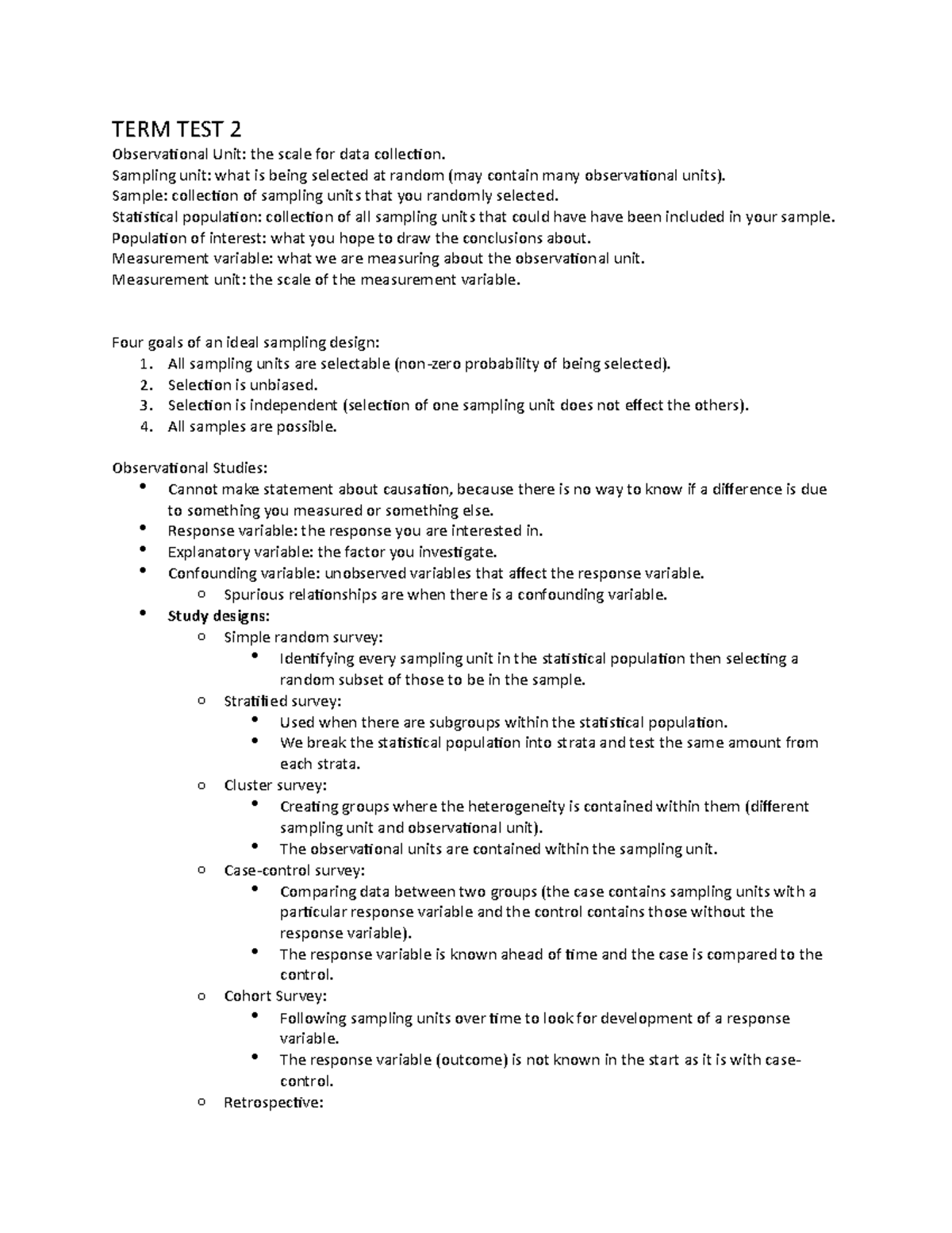 STAM 200 TERM TEST 2 - Notes - TERM TEST 2 Observational Unit: the ...