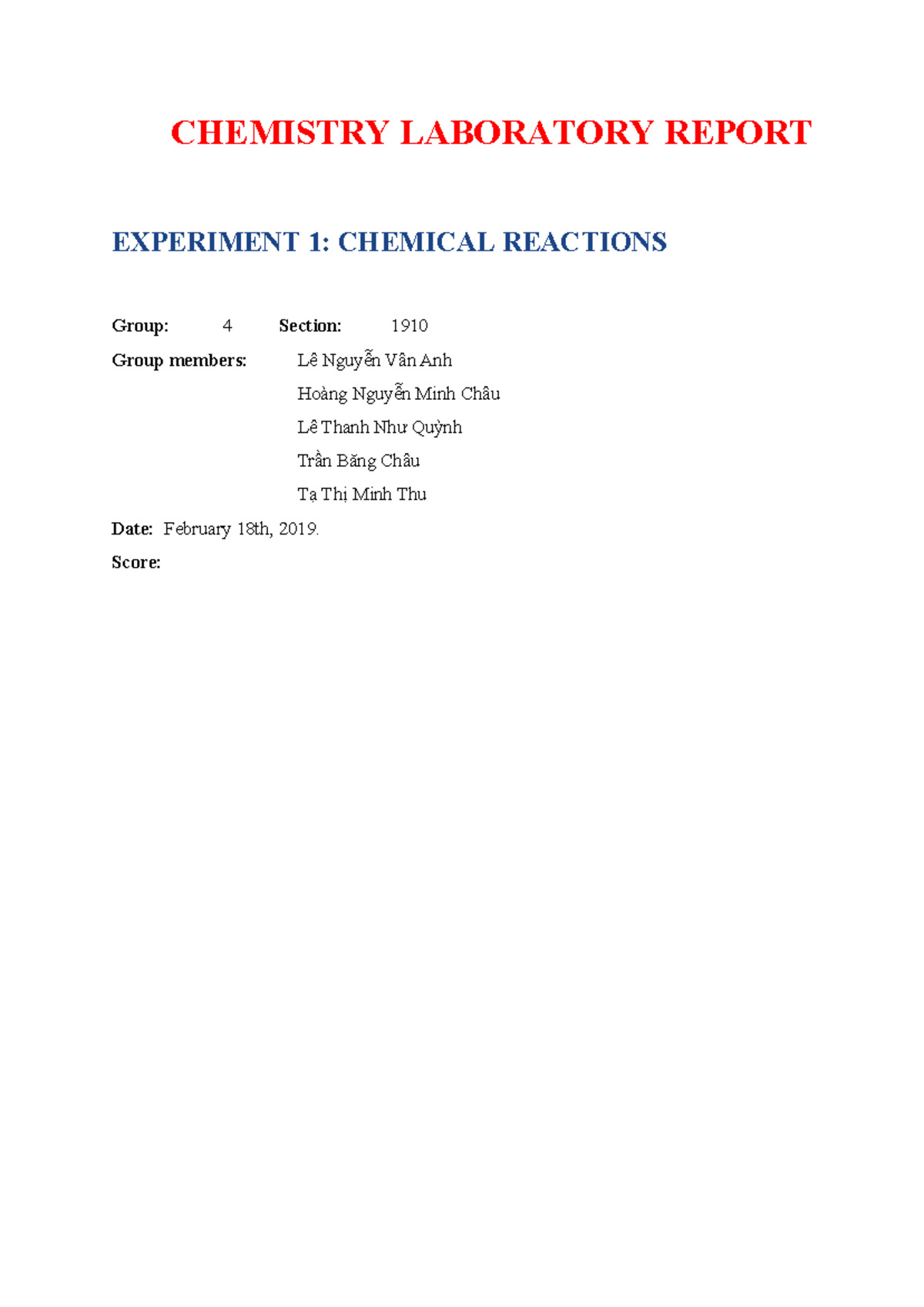General Chemistry Laboratory Report: Experiment 1 on Chemical Reactions ...