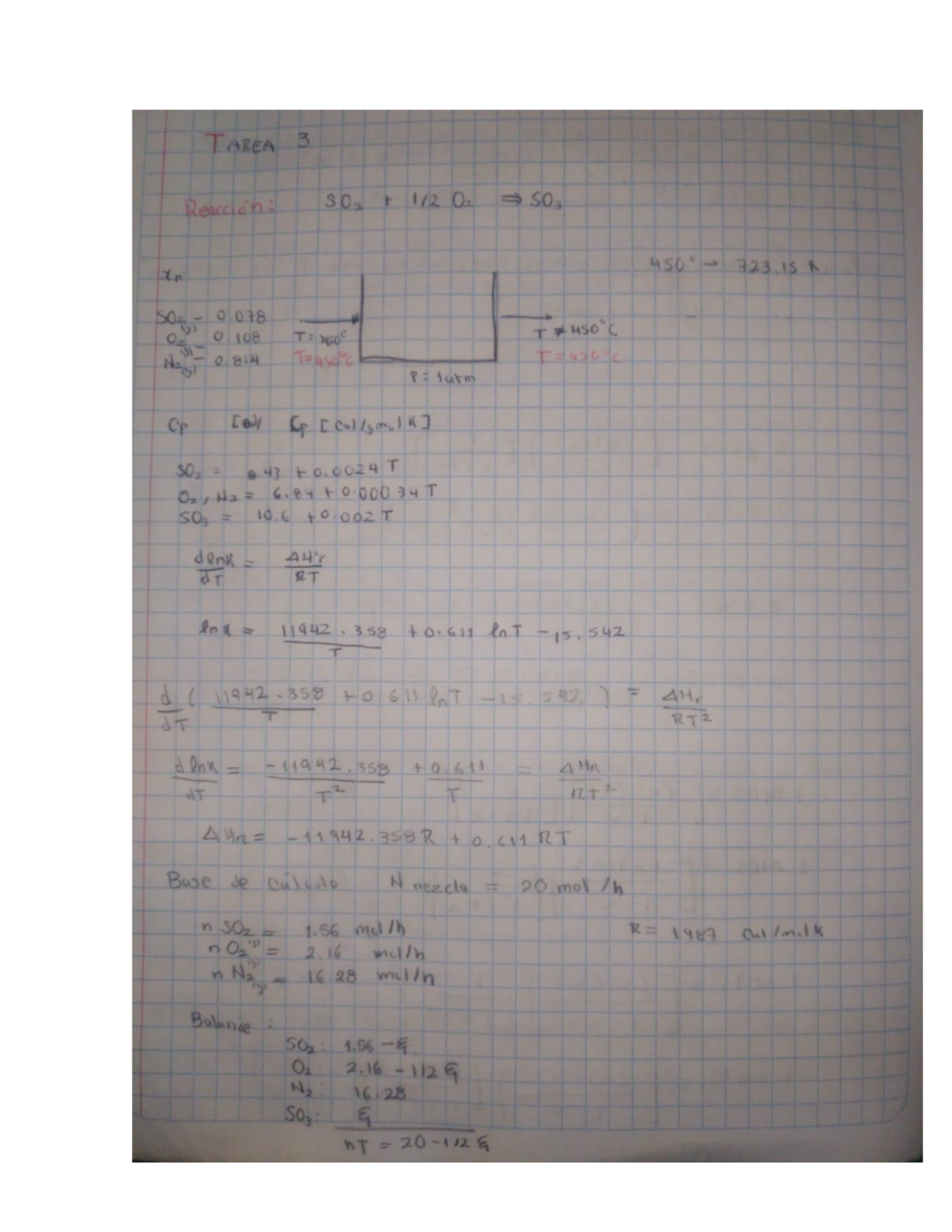 Problema Termodinamica del equilibrio químico - TAREA 3 Reaccion: SO2 t O2 SO3 450 1 723 K Xr ...