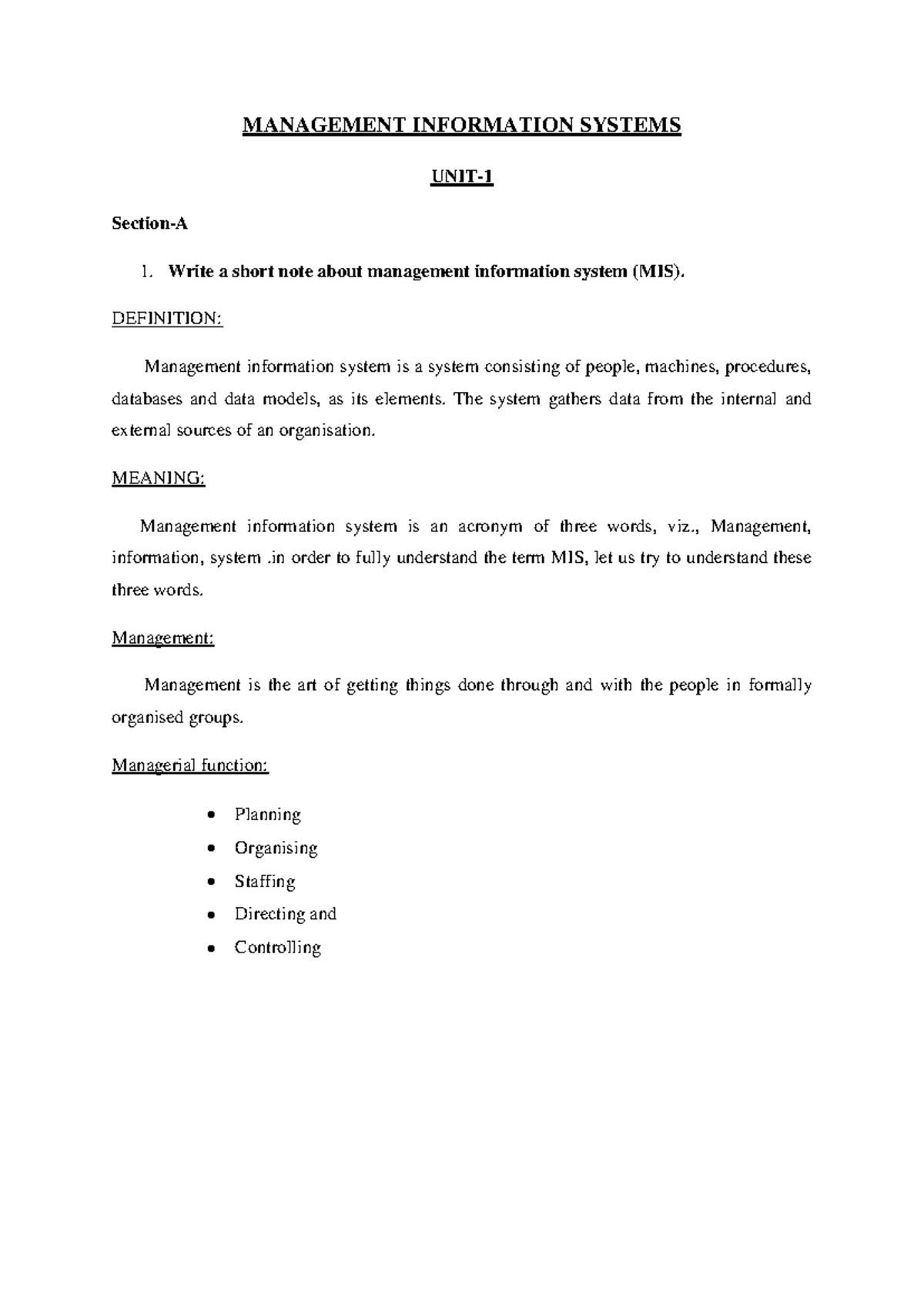 Managment Information System - MANAGEMENT INFORMATION SYSTEMS UNIT ...