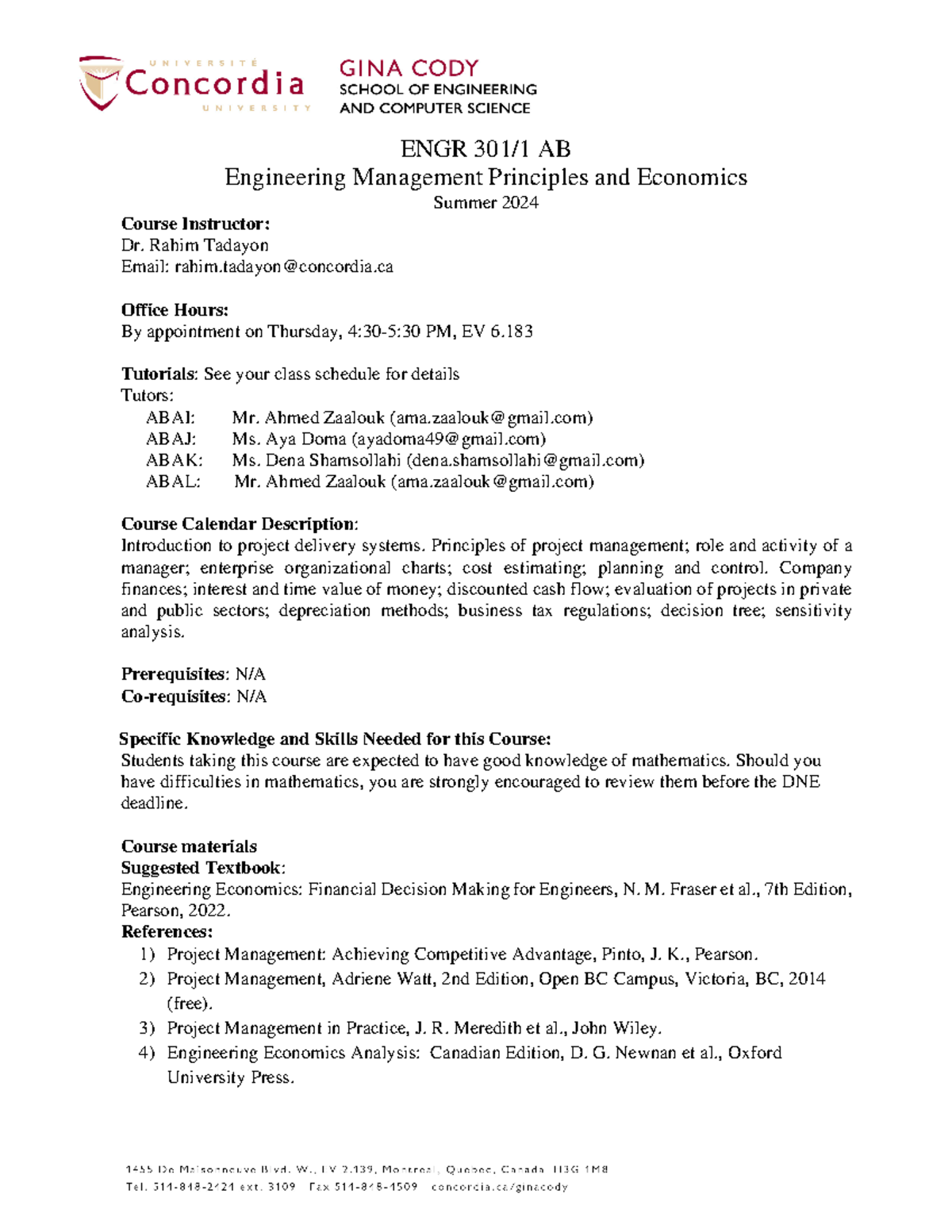 Course Outline ENGR 301 AB - Engineering Management Principles, Summer 2024 - Studocu