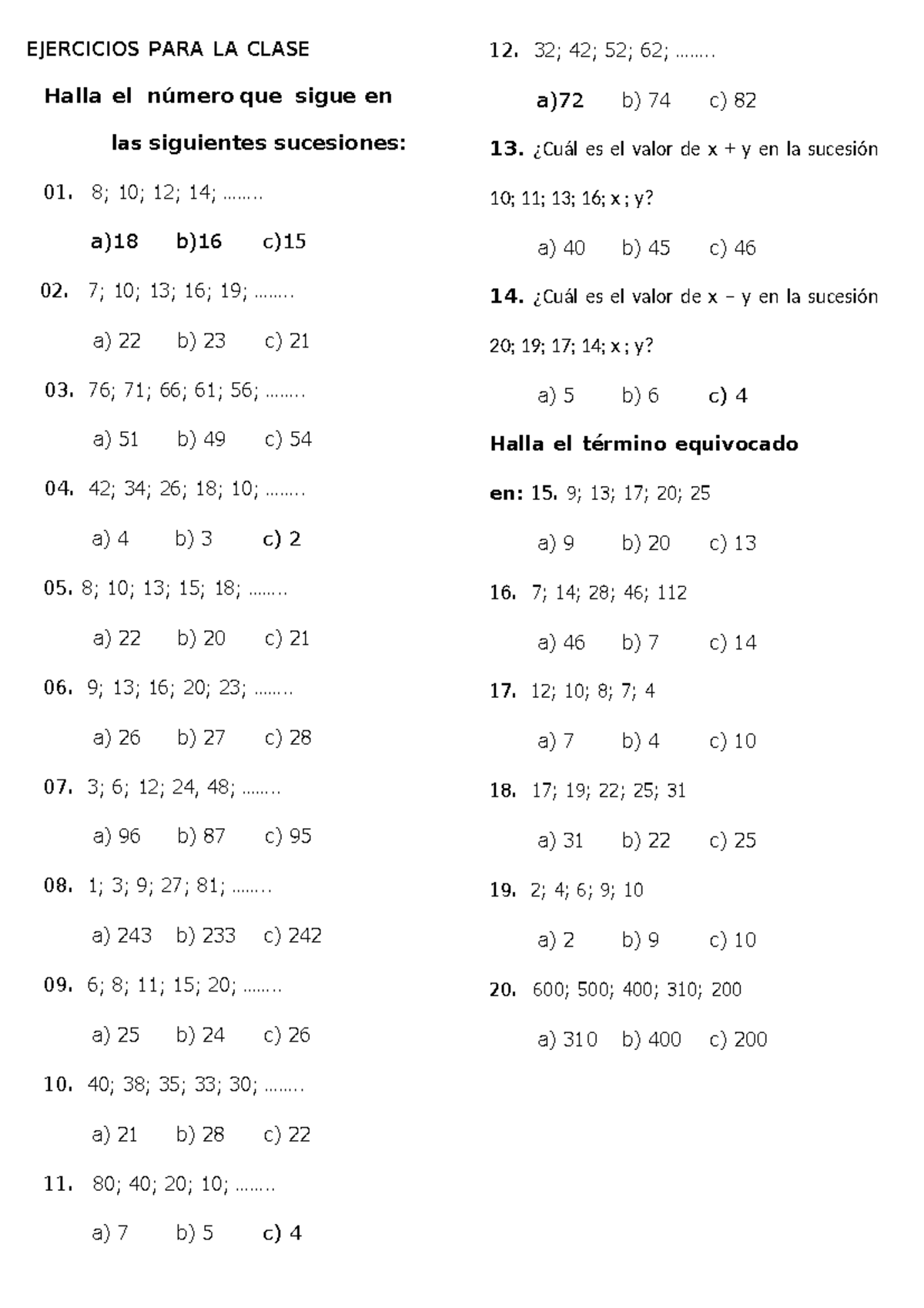 Ejercicios de Sucesiones Numéricas - Clase de Matemáticas - Studocu