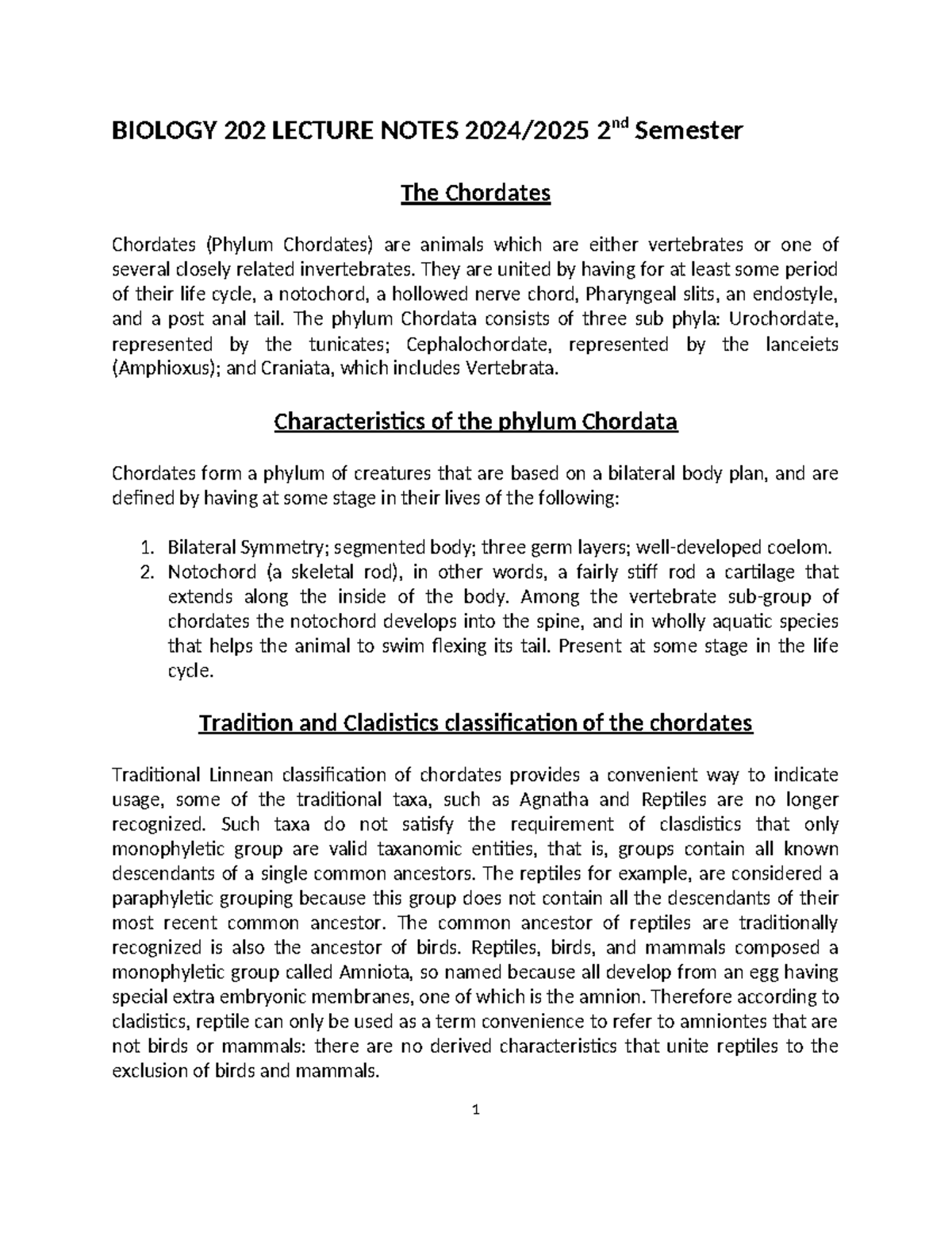 BIOLOGY 202 LECTURE NOTES: The Chordates Overview - Studocu