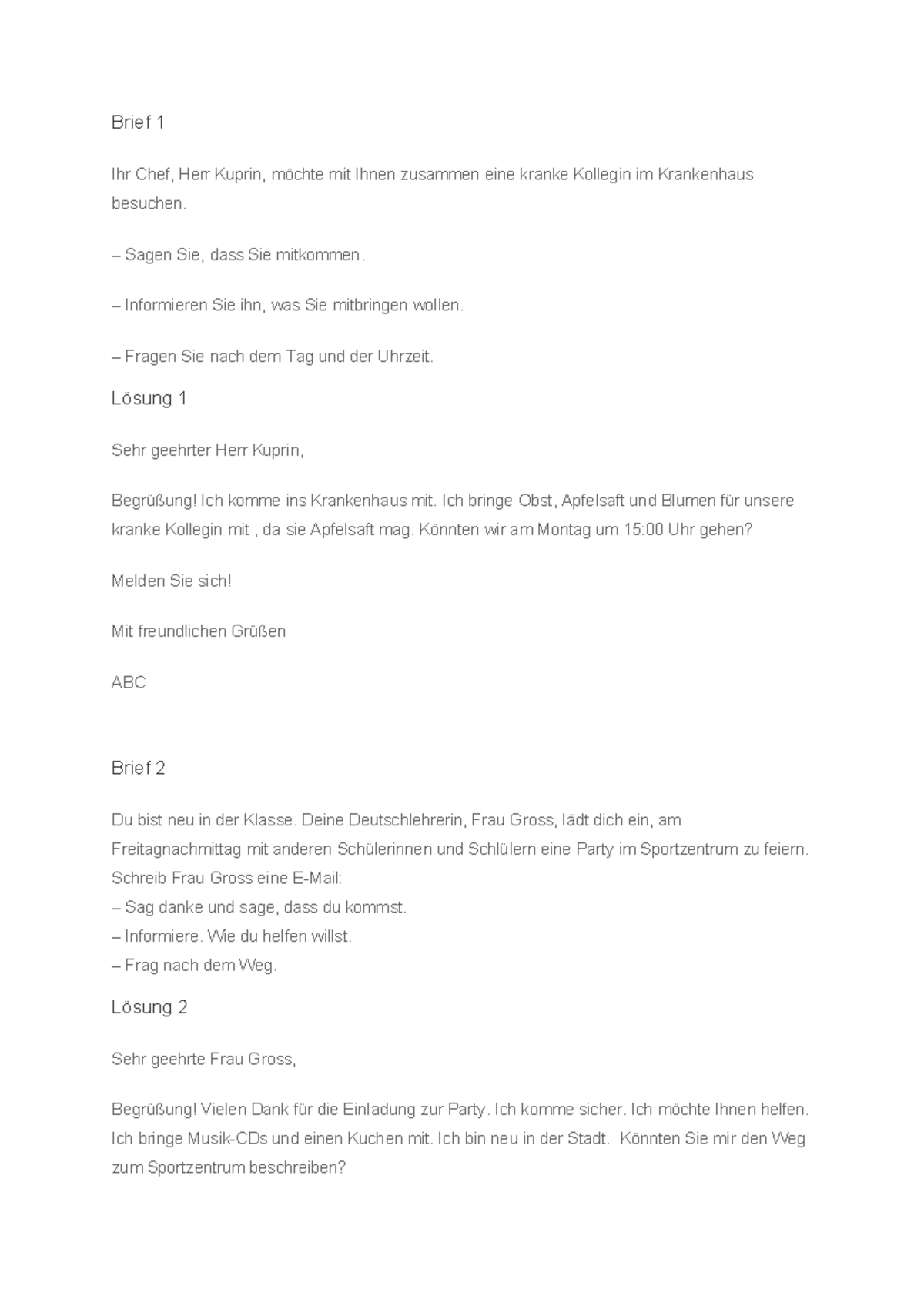 Schreiben Teil 2 - Brief: Deutsch A2 Lösungen und Beispiele - Studocu