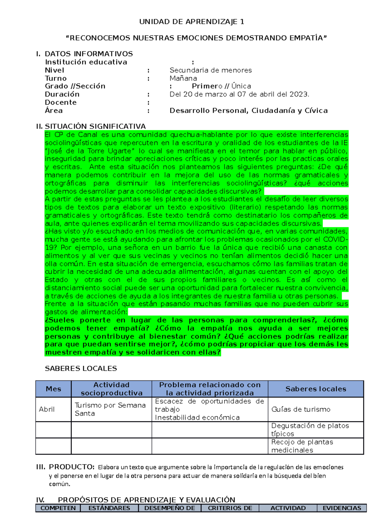 Unidad de Aprendizaje 1 DPCC - Reconocer emociones y empatía - 1° 2023 - Studocu