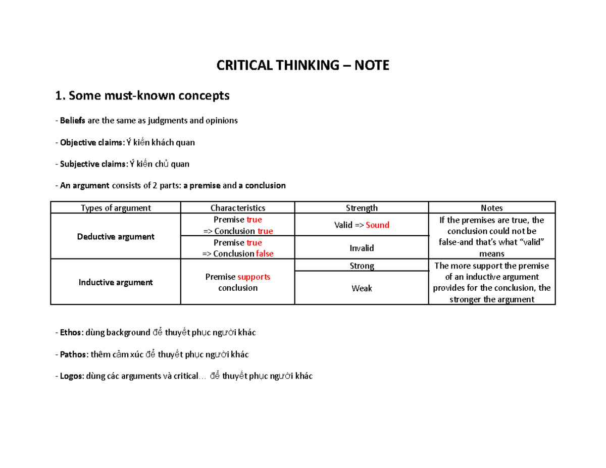 Critical thinking-Summary-Cô Huyền - CRITICAL THINKING – NOTE 1. Some ...