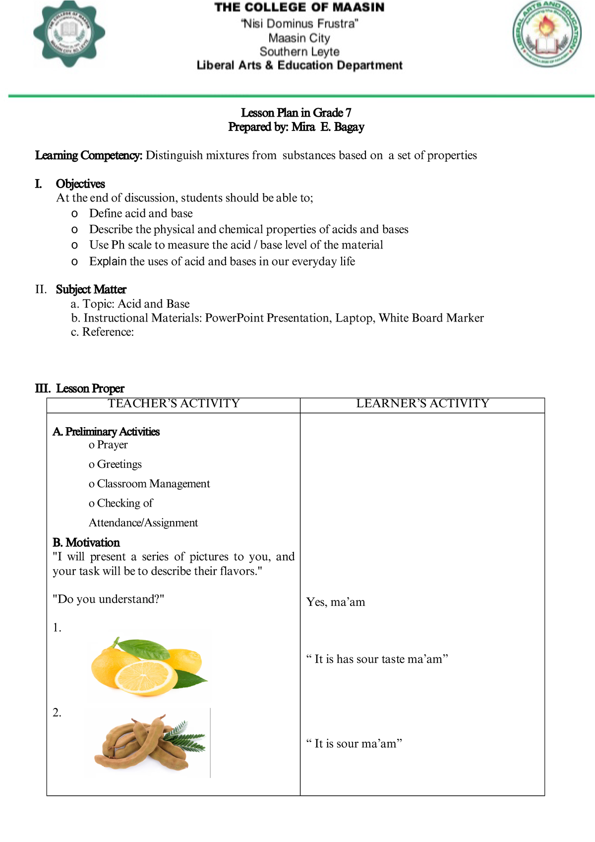 LP1-Grade-7-Lesson Plan: Acids and Bases Properties & Applications ...