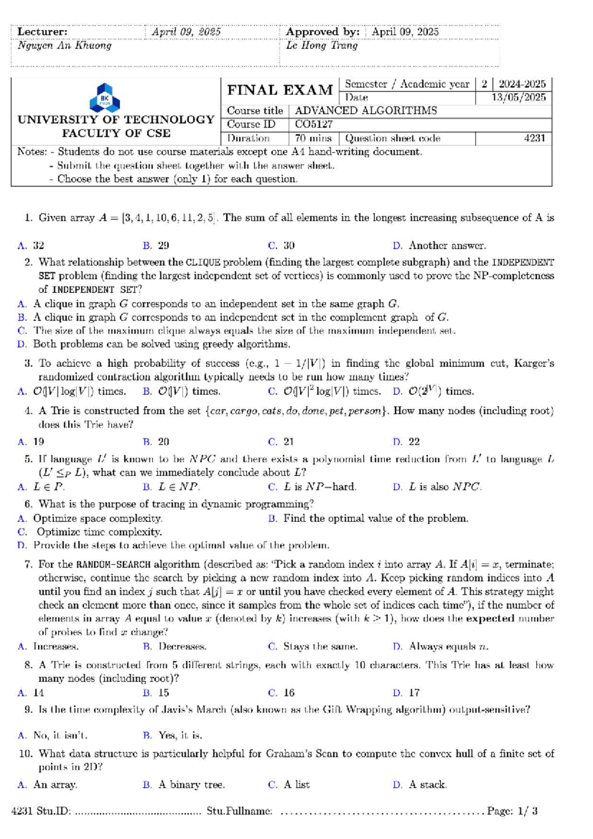 CO5127 Advanced Algorithms Final Exam Question Sheet 4231 - Studocu
