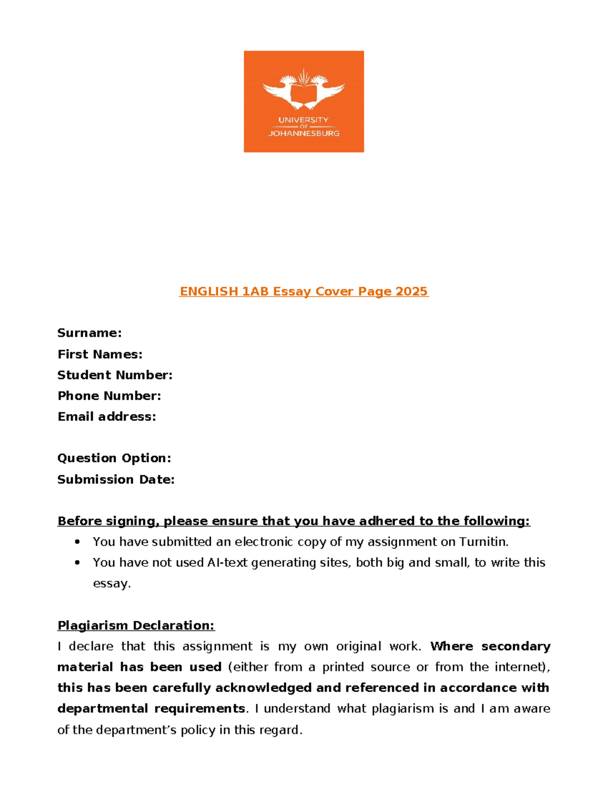 ENG1AA1 Essay Cover Page Guidelines 2025 - Studocu