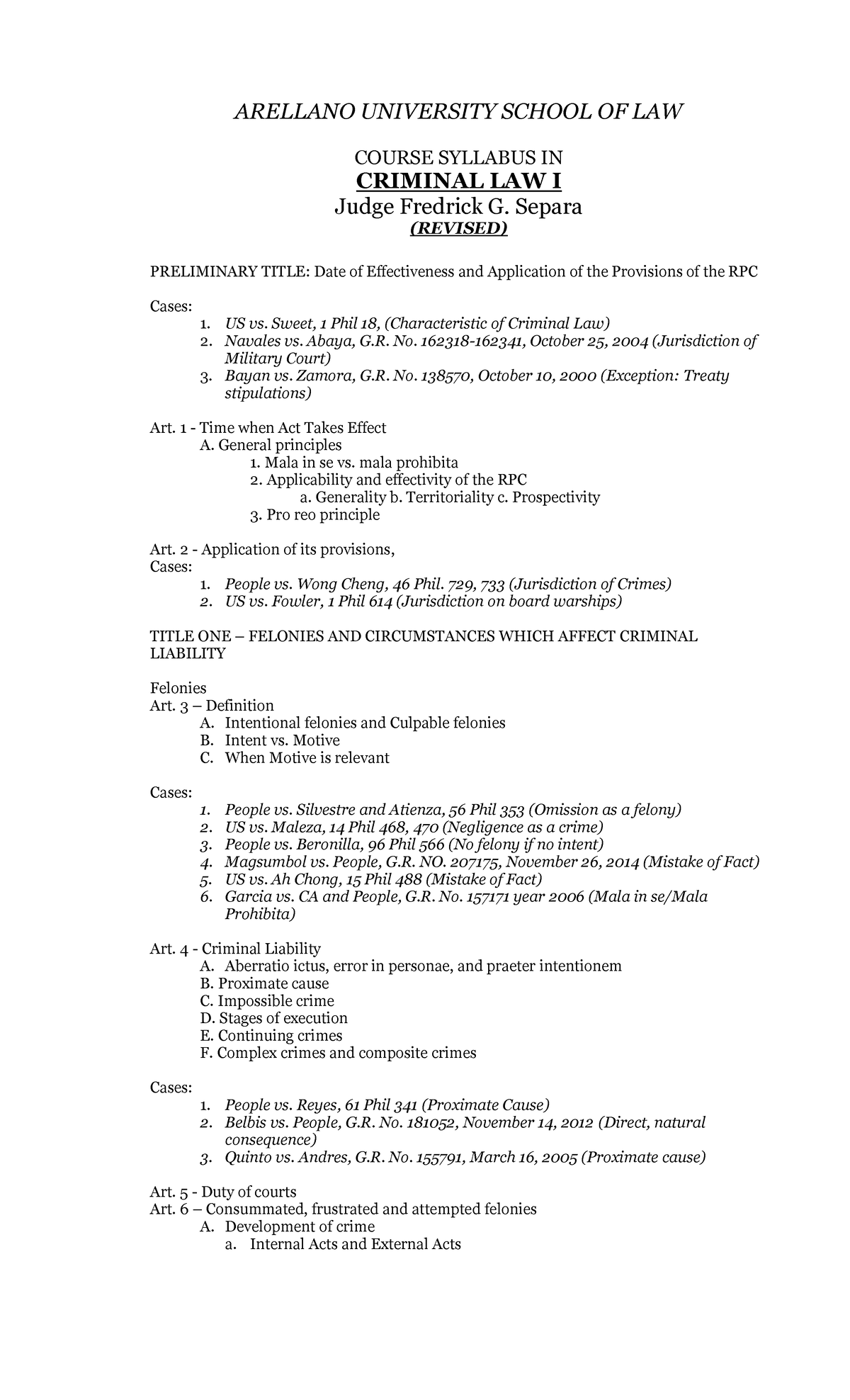 Criminal Law I Syllabus AUSL SY 2020-21: Comprehensive Overview - Studocu