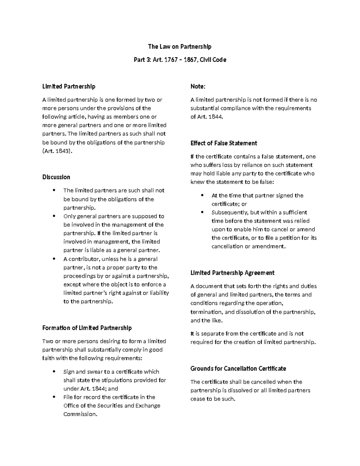 The Law on Partnership: Limited Partnership Overview (1 - parcor notes ...