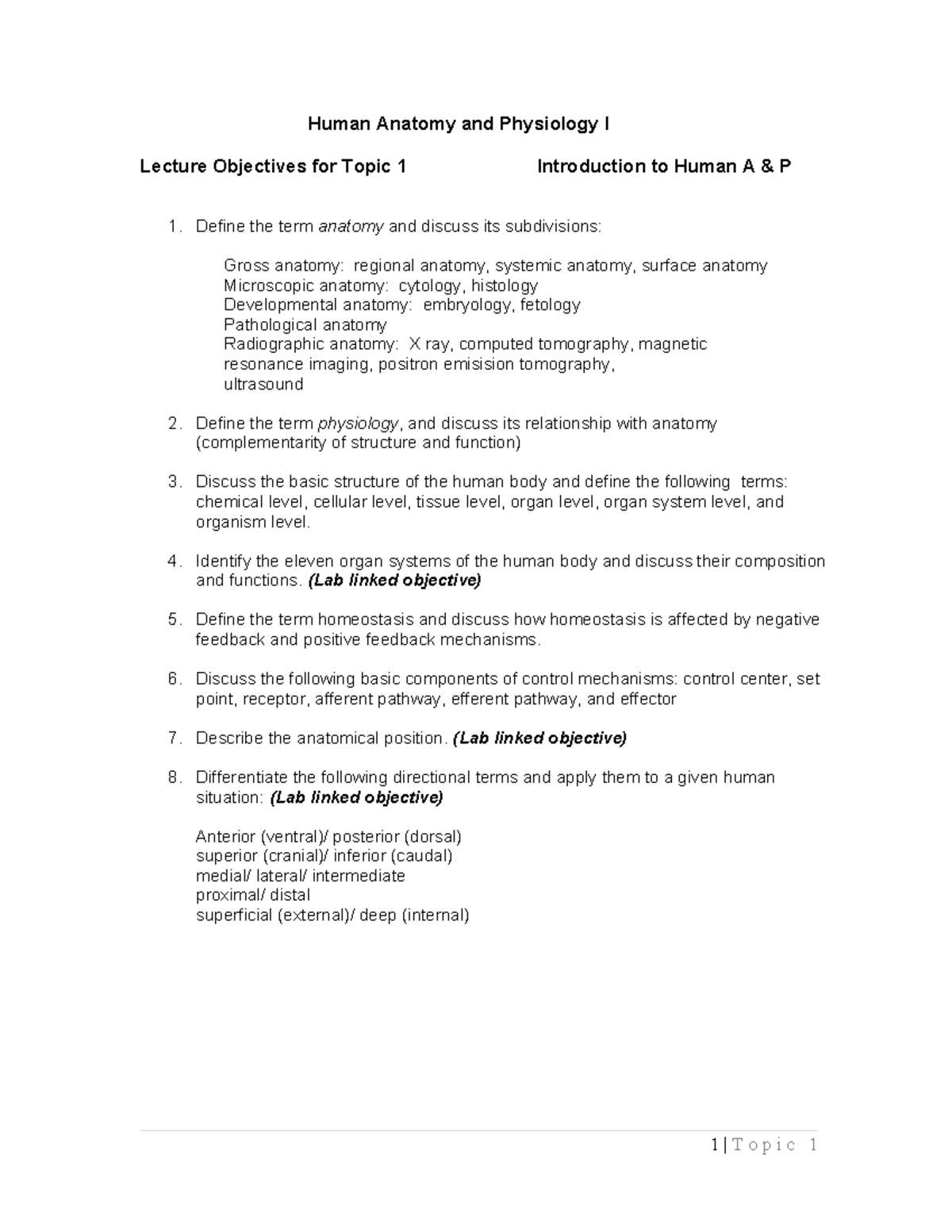 Topic 1 Intro to A&P - Class Notes - Human Anatomy and Physiology I ...