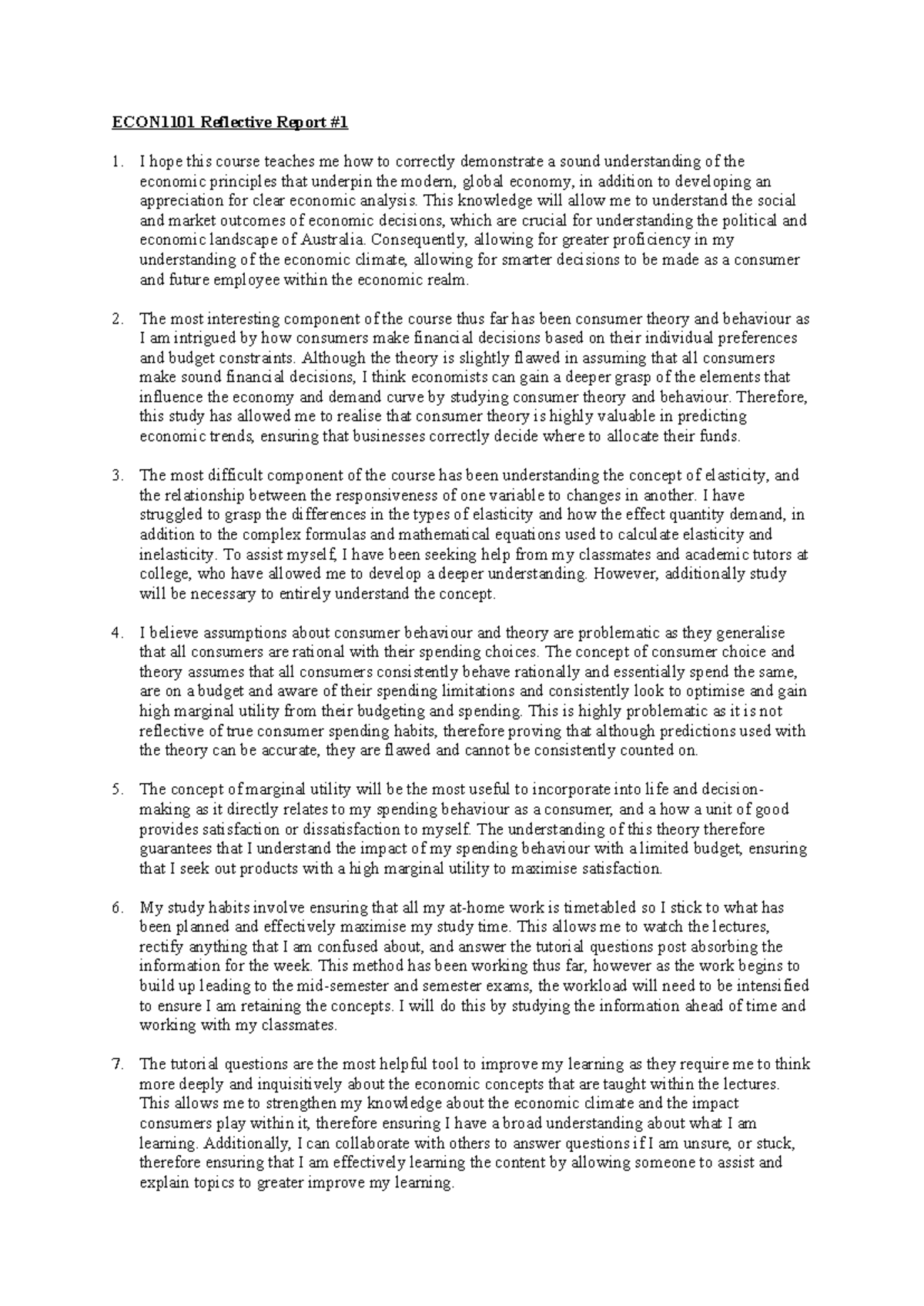 ECON1101 Reflective Report on Consumer Theory & Elasticity - Studocu