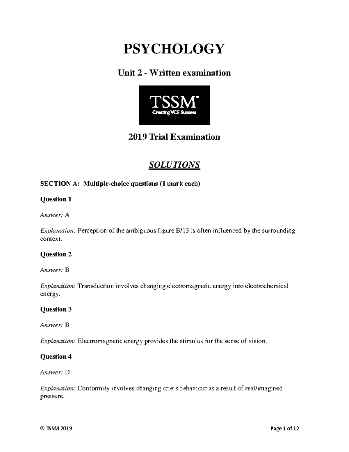 PSYCHOLOGY Unit 2 2019 Trial Exam Solutions and Explanations - Studocu