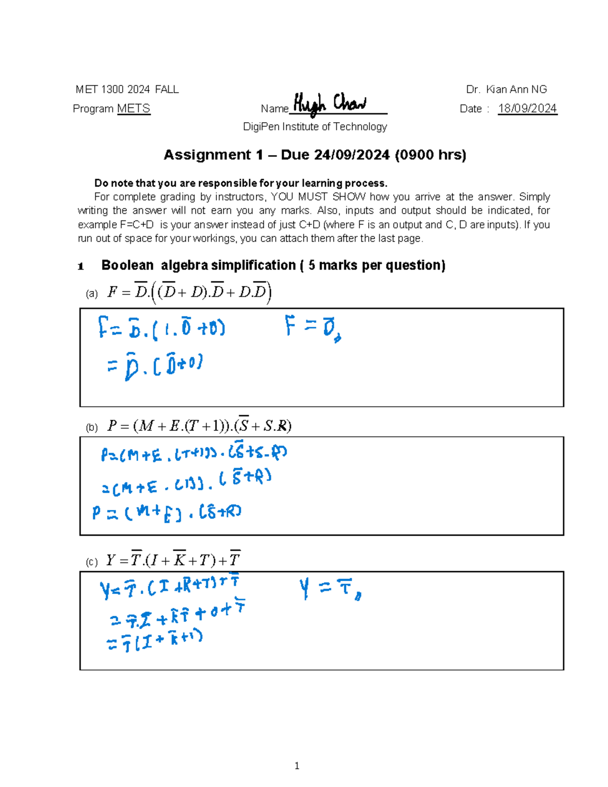 MET 1300 Fall 2024 Assignment 1: Boolean Algebra & Logic Applications ...