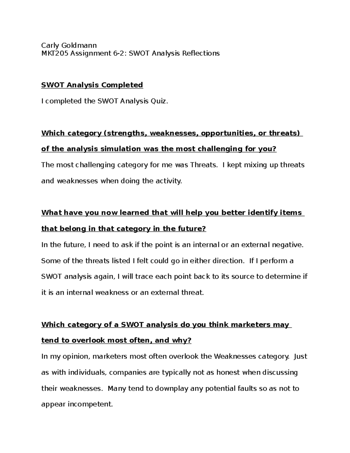 MKT205 Assignment 6-2: Reflections on SWOT Analysis Challenges - Studocu