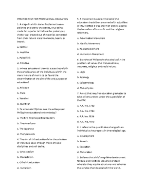 Profed 2 - reviewer let - PRACTICE TEST FOR PROFESSIONAL EDUCATION ...