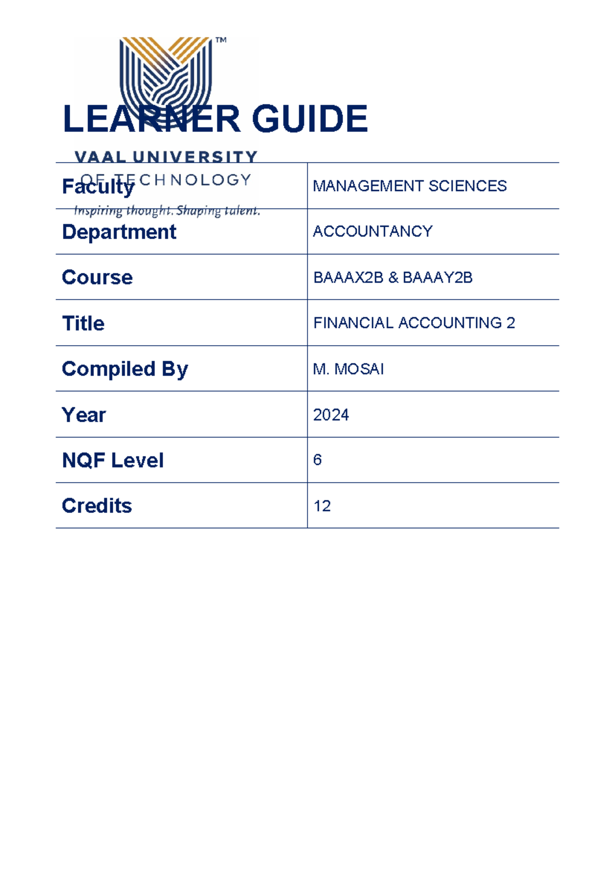 Financial Accounting 2 Learner Guide (BAAAX2B & BAAAY2B) 2024 - Studocu