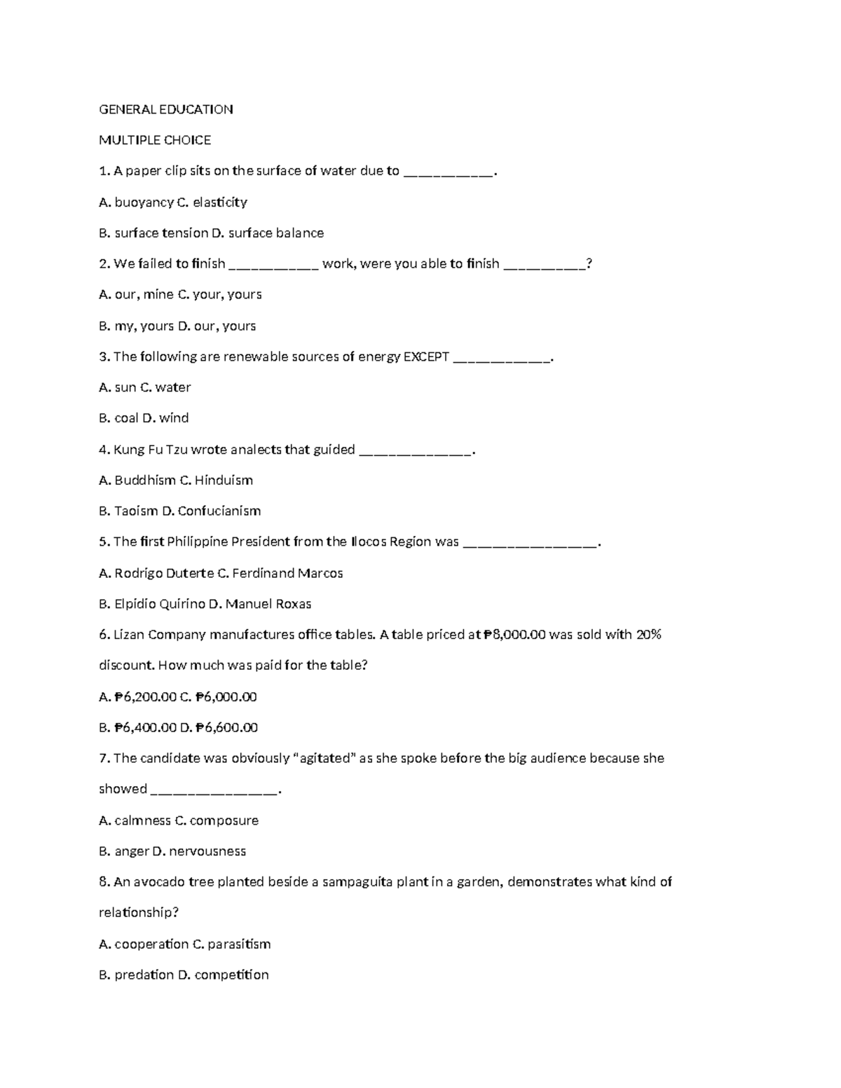 General Education Multiple Choice Questions for Review - Studocu