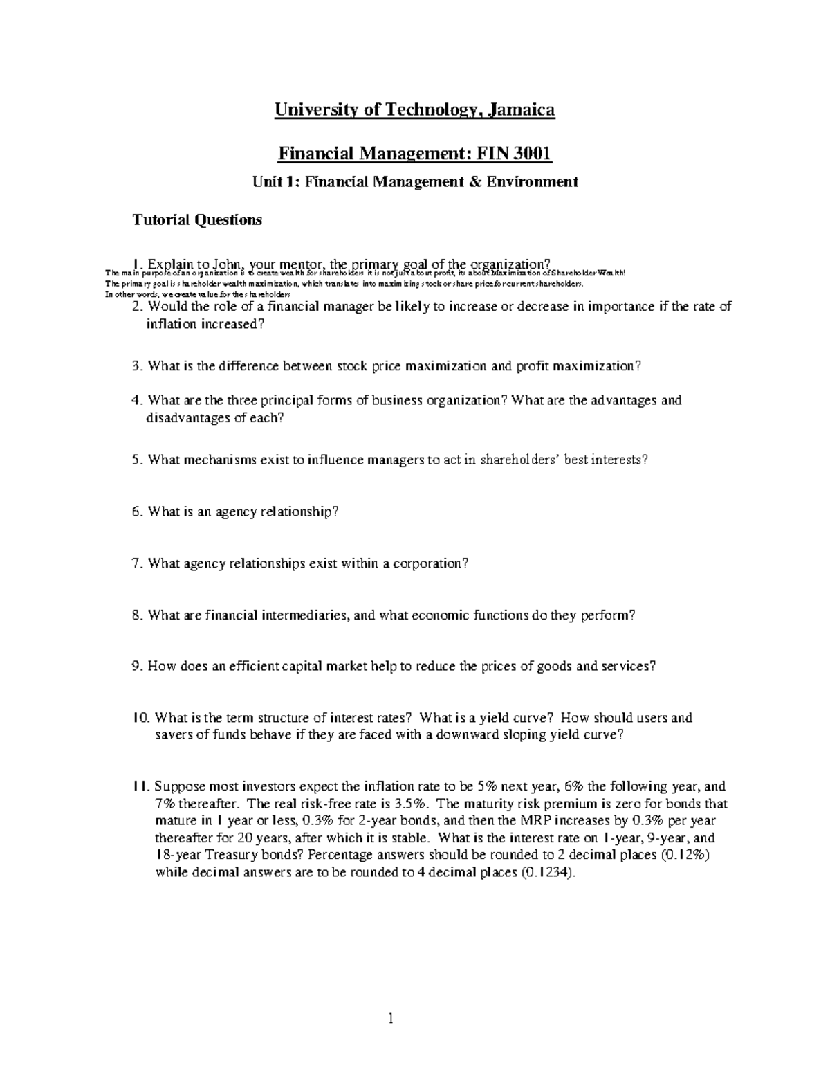 FIN 3001 Financial Management Unit 1 Tutorial Questions Aug 2021 - Studocu