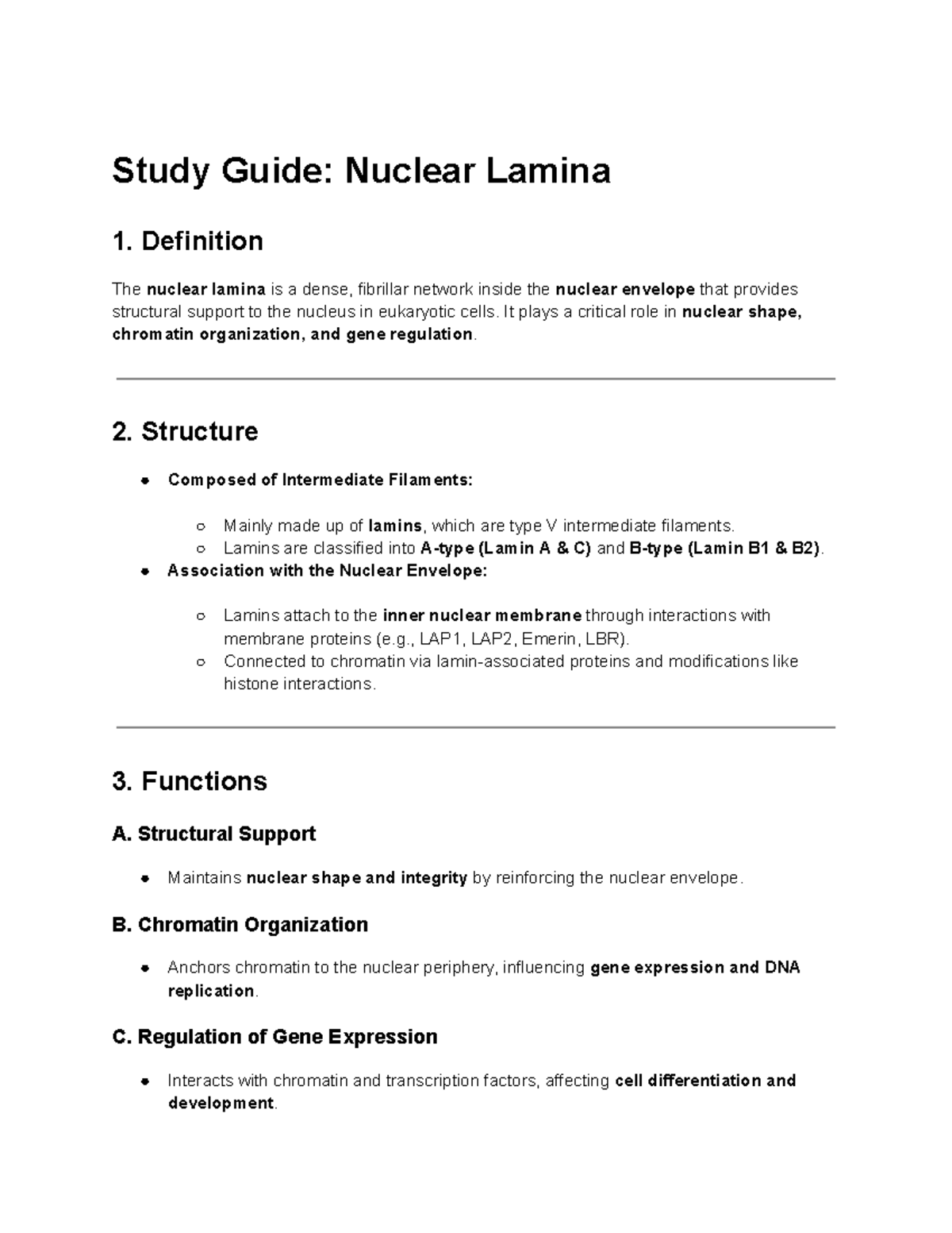 Lecture notes: nuclear lamina and its functions in biology - Studocu