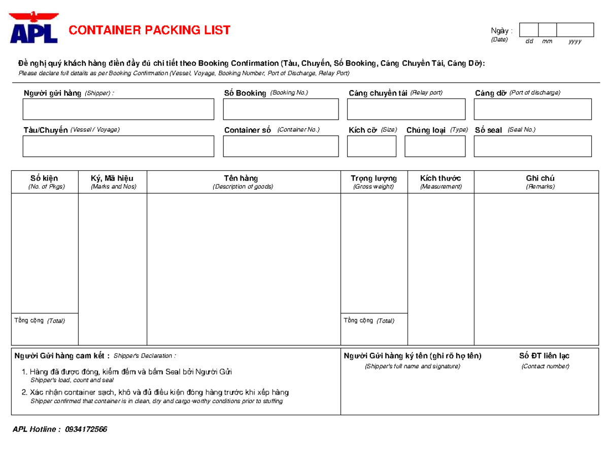 APL - Container Packing List for Shipping Booking Confirmation - Studocu