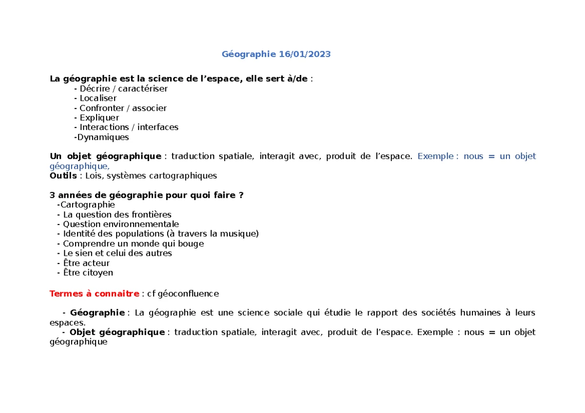 Fiche Géoconfluences - Analyse des Espaces Urbains en Géographie - Studocu