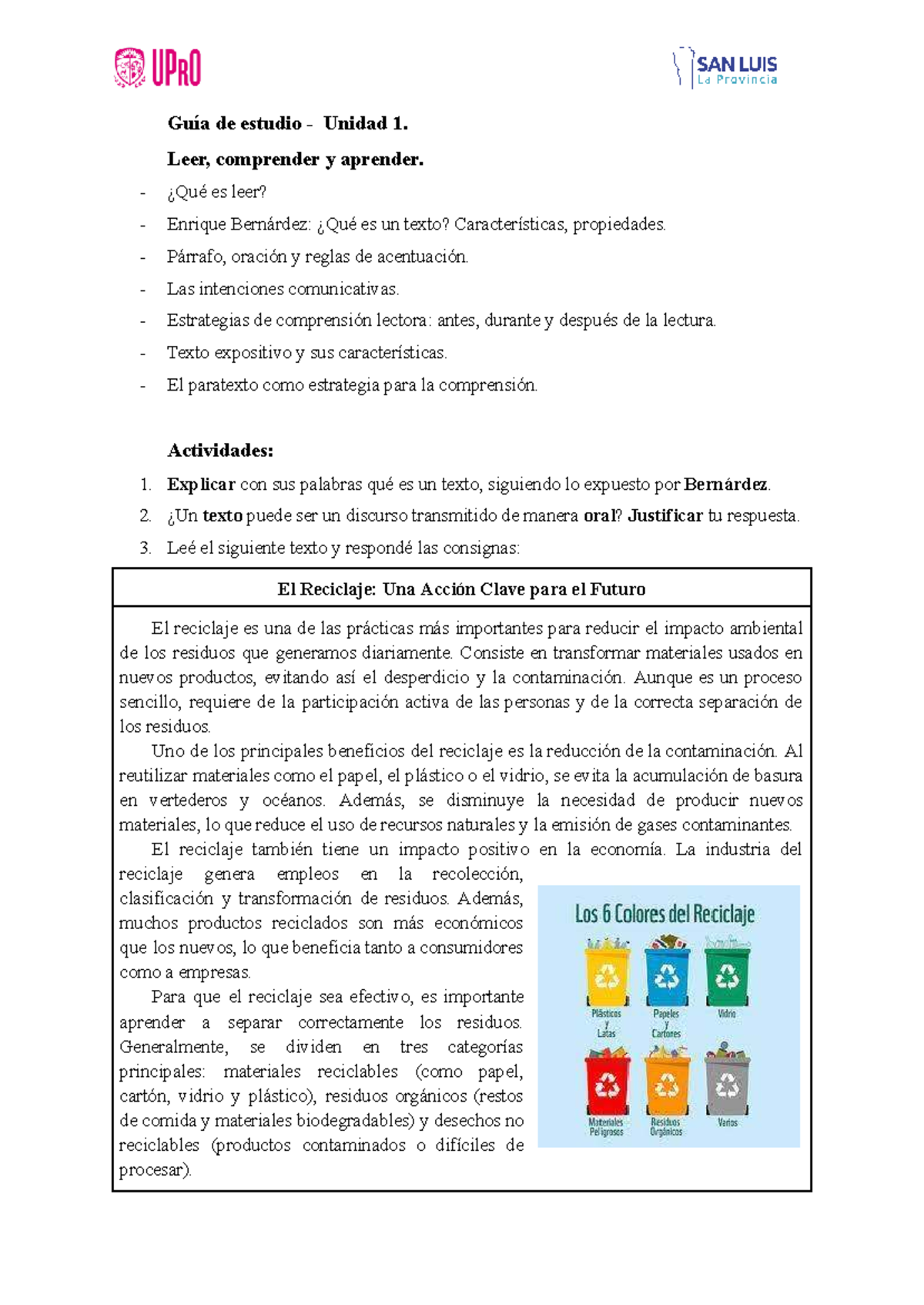 Guía de Estudio - Unidad 1: Comprensión Lectora y Reciclaje - Studocu