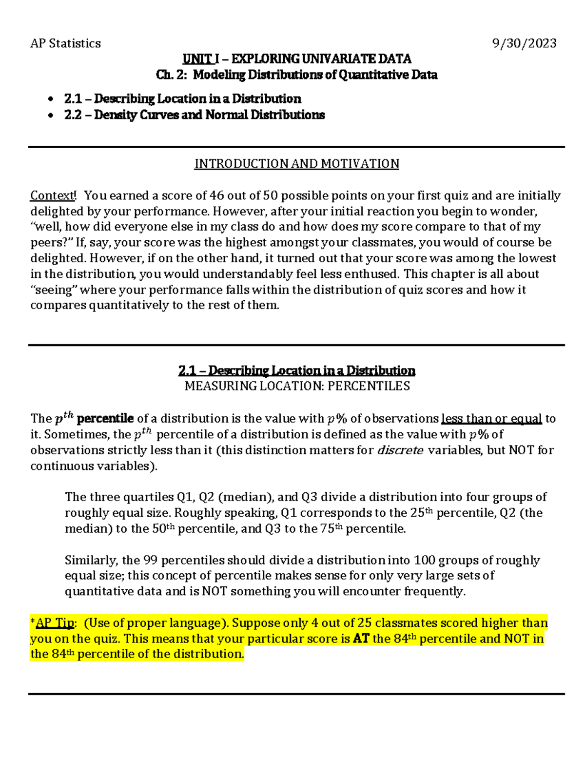 Unit I - Ch. 2 AP Stats: Modeling Quantitative Data Distributions Notes ...