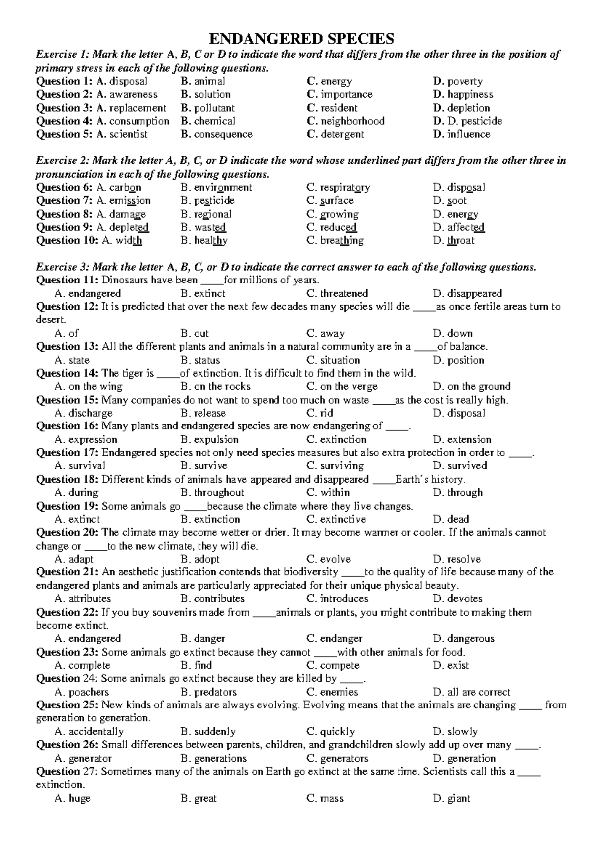 Vocab Topic: Endangered Species - English Final Exam Prep - Studocu