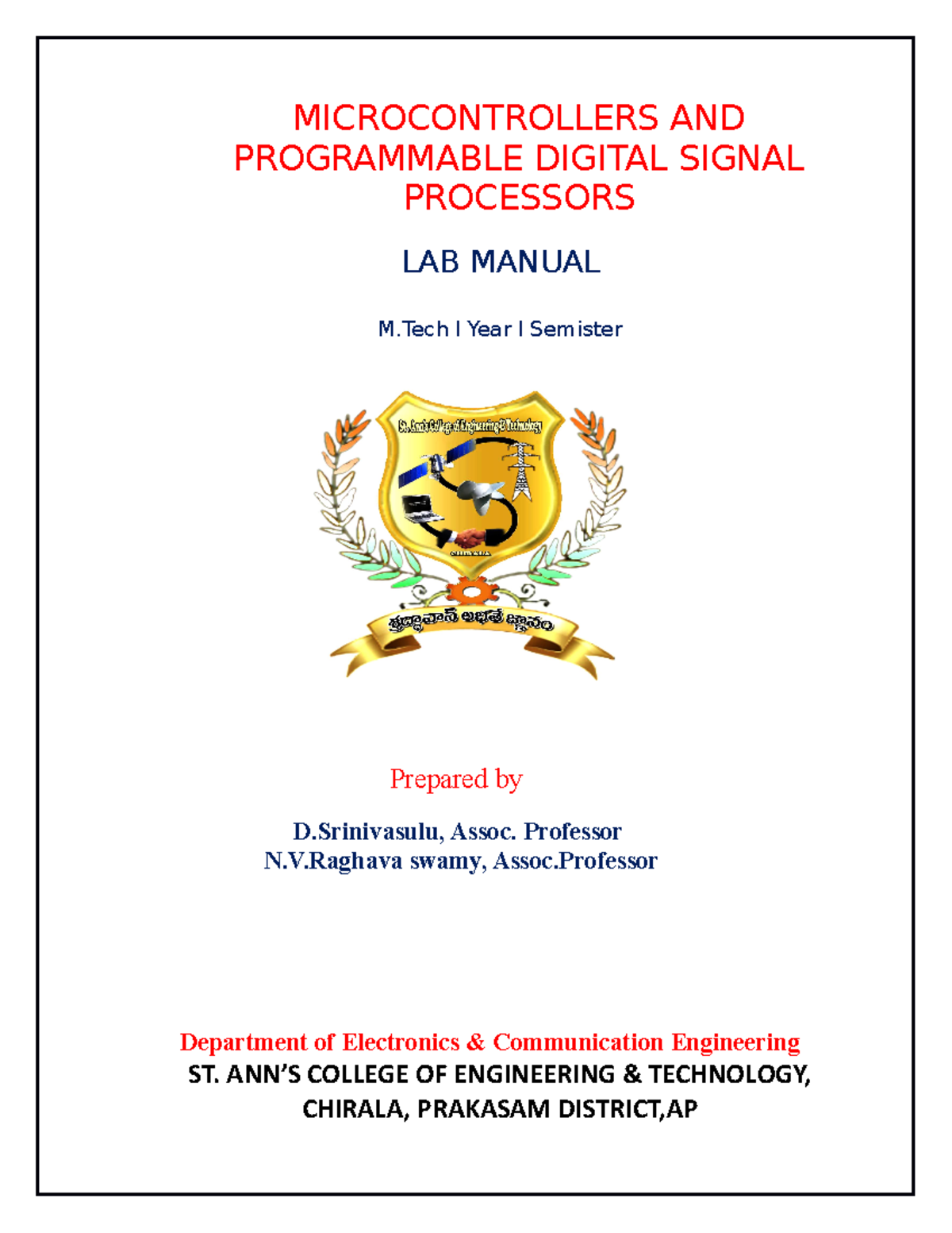 Mcpdsp Mtech 1-1 LAB Manual - MICROCONTROLLERS AND PROGRAMMABLE DIGITAL SIGNAL PROCESSORS LAB ...