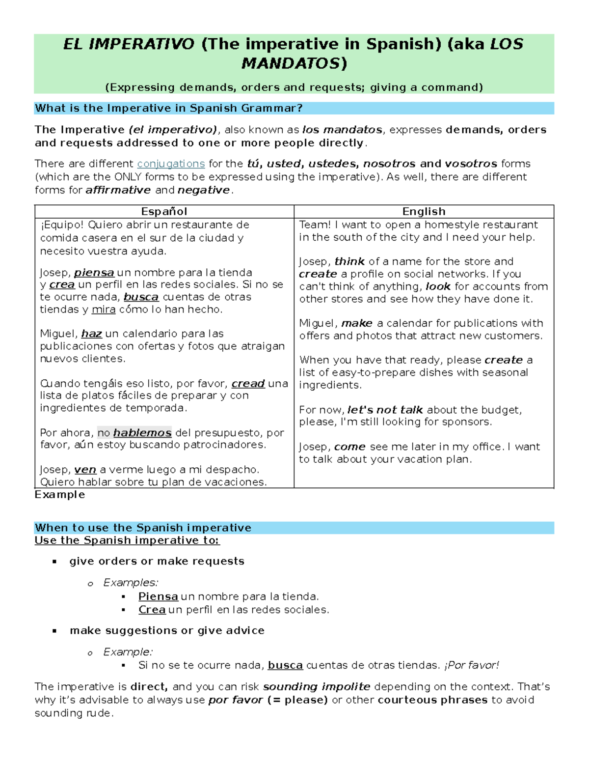 ESL 101: EL IMPERATIVO - Understanding Commands in Spanish Grammar ...