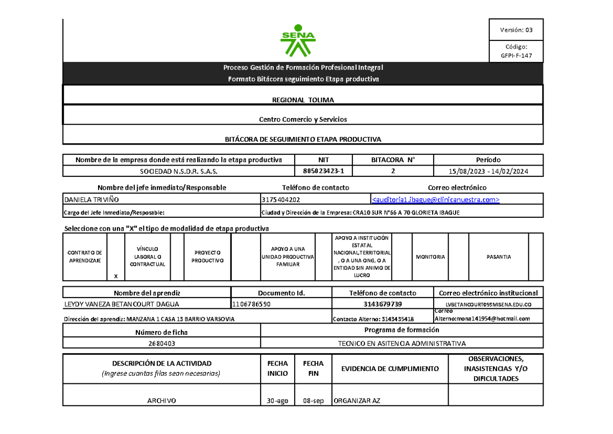 Bitacora 2 Vaneza - asistencia administrativa - Documento Id. Número de ...