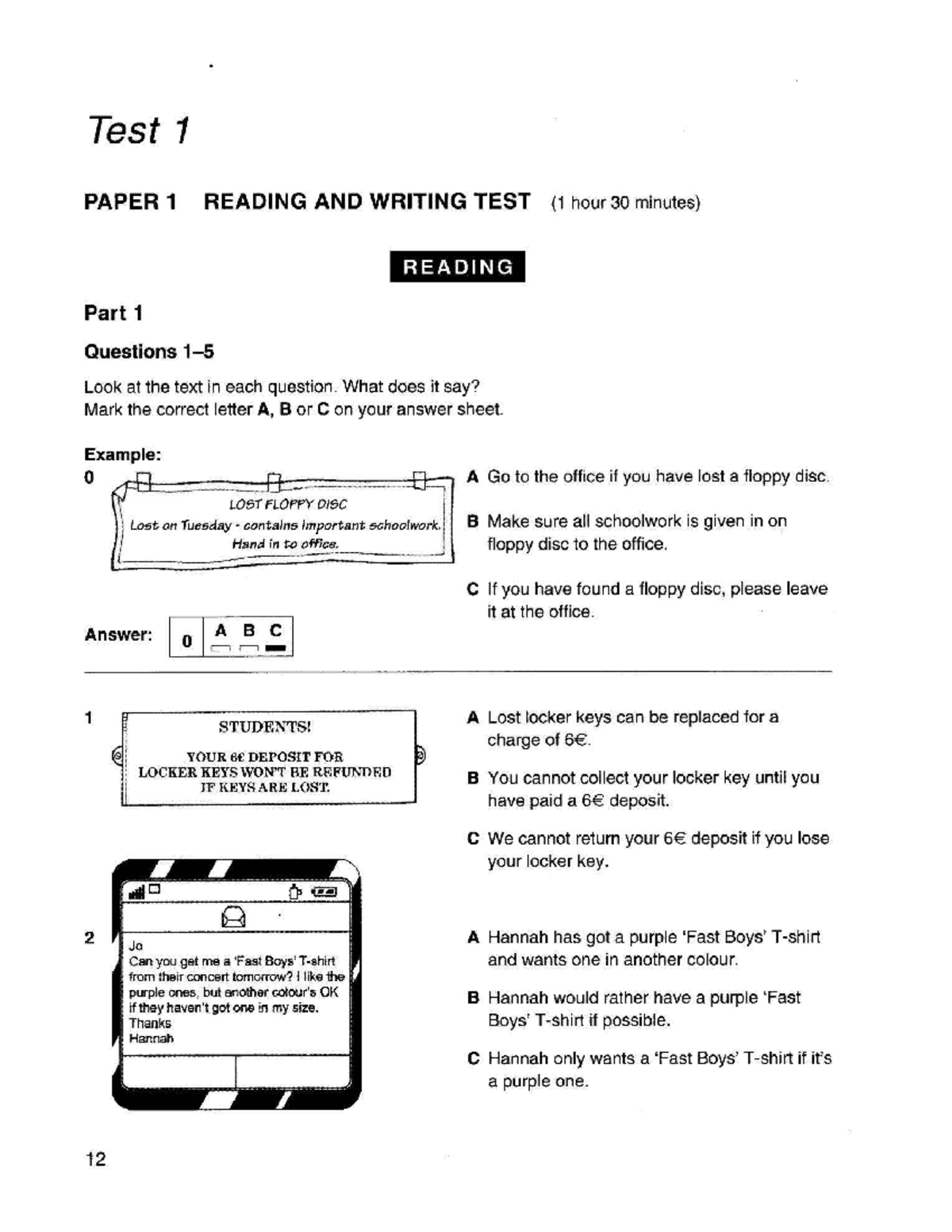 PET 1 Test 1 - Reading and Writing Practice Questions - Studocu