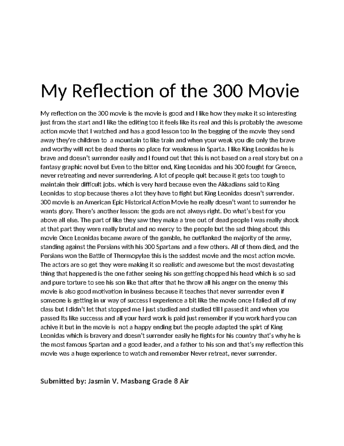 Reflection on the 300 Movie: Lessons in Bravery and Perseverance - Studocu