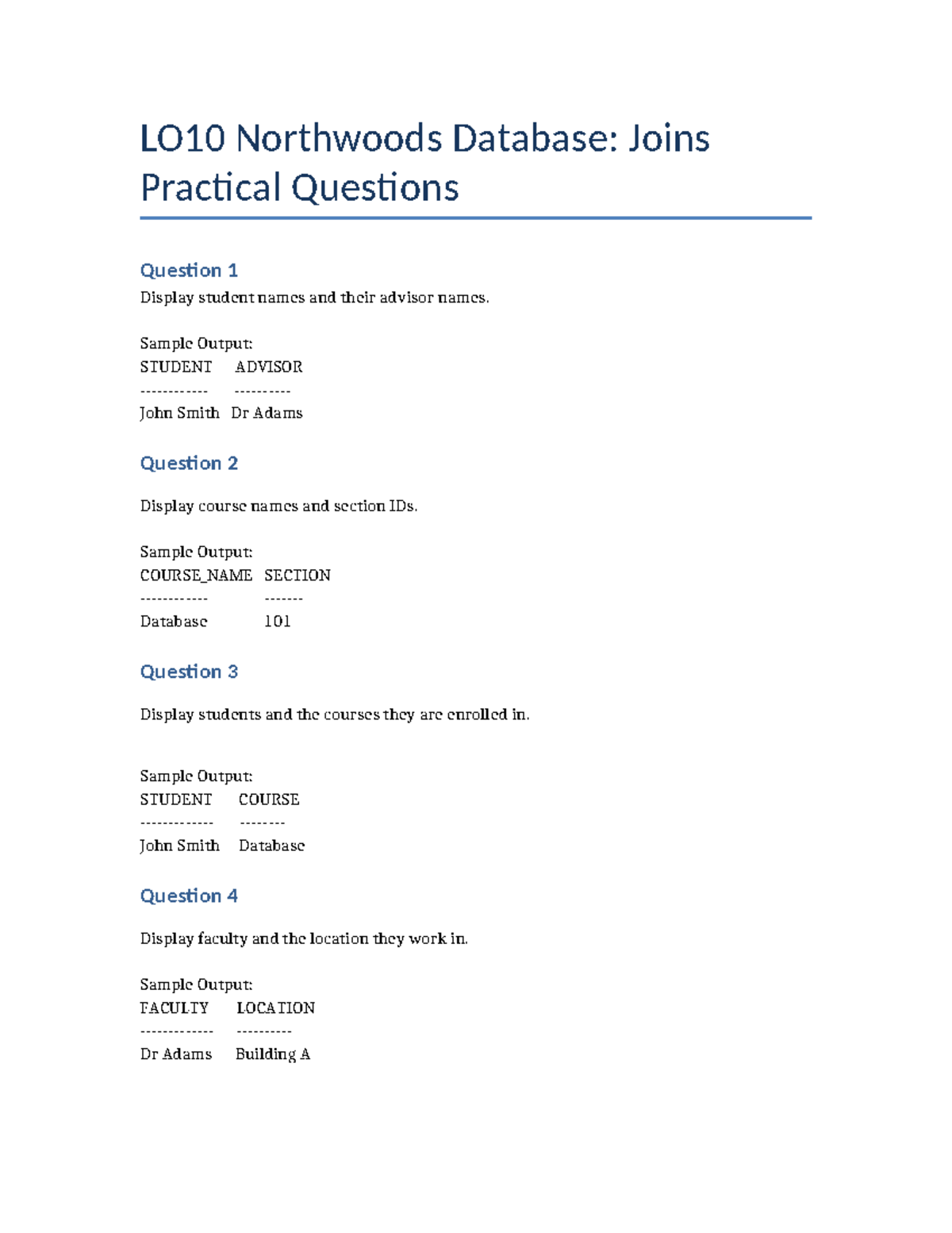 LO10 Tutorial: Practical Questions on Northwoods Database Joins - Studocu