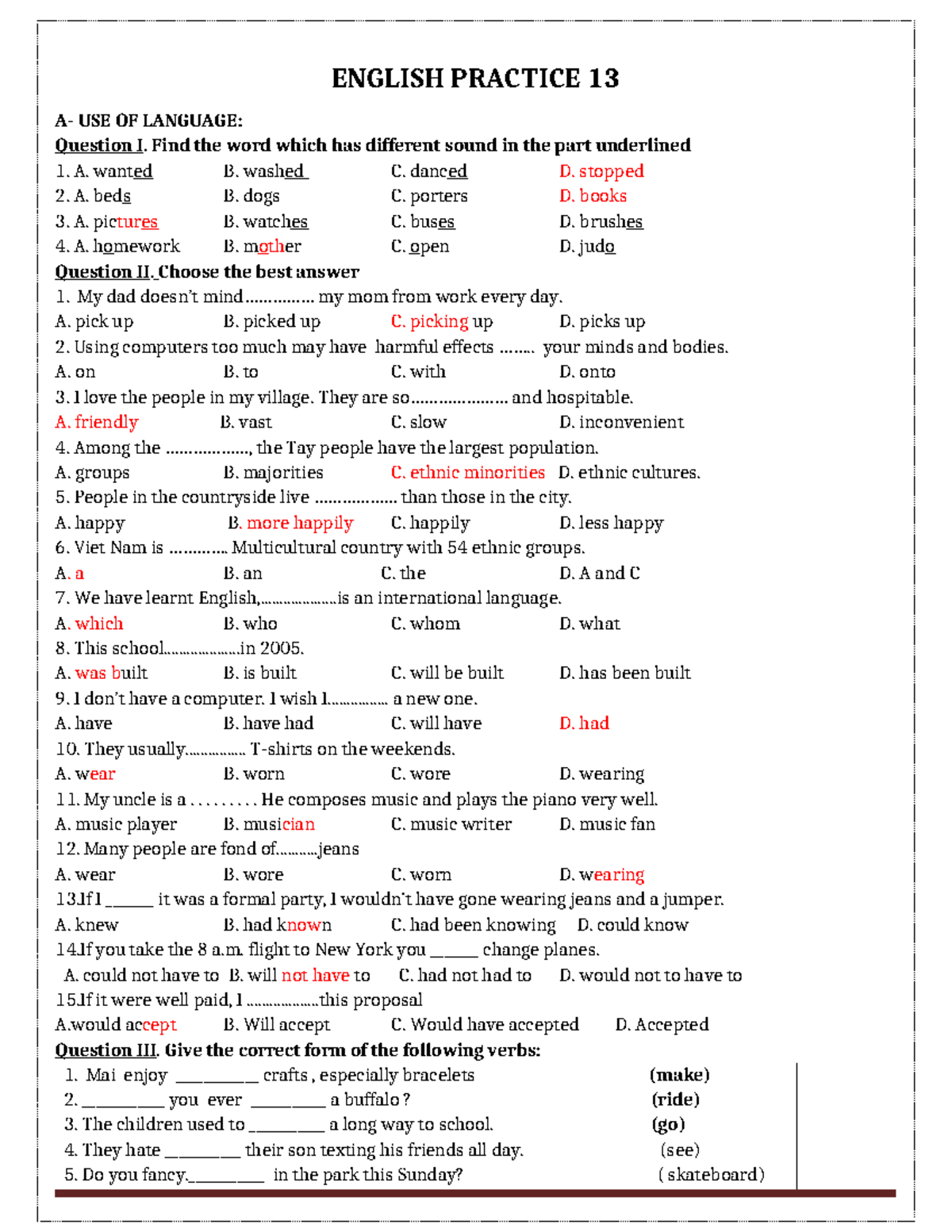 ENGLISH PRACTICE 13: USE OF LANGUAGE & READING EXERCISES - Studocu