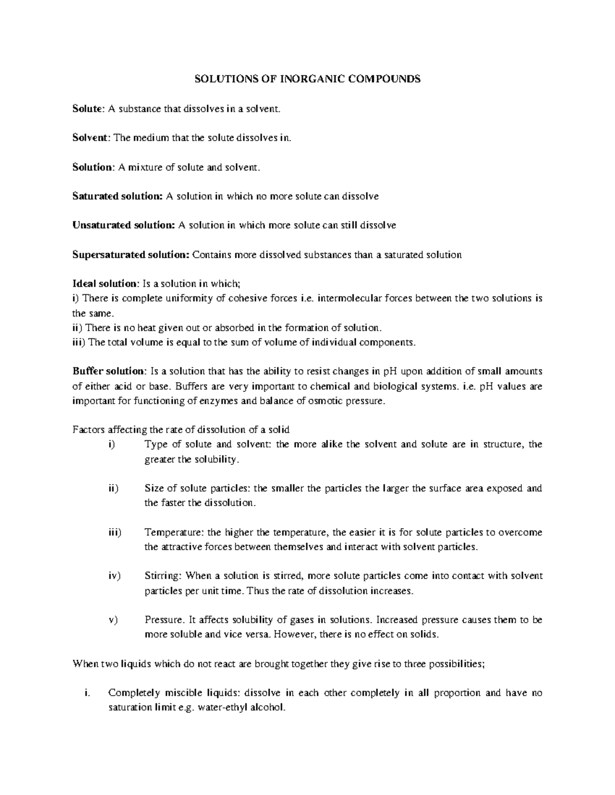 SPB 9109 lecture 7 - SOLUTIONS OF INORGANIC COMPOUNDS Solute: A ...