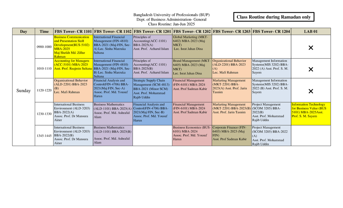 BBA & MBA Class Routine Jan-Jun 2025 (Including Ramadan Schedule) - Studocu
